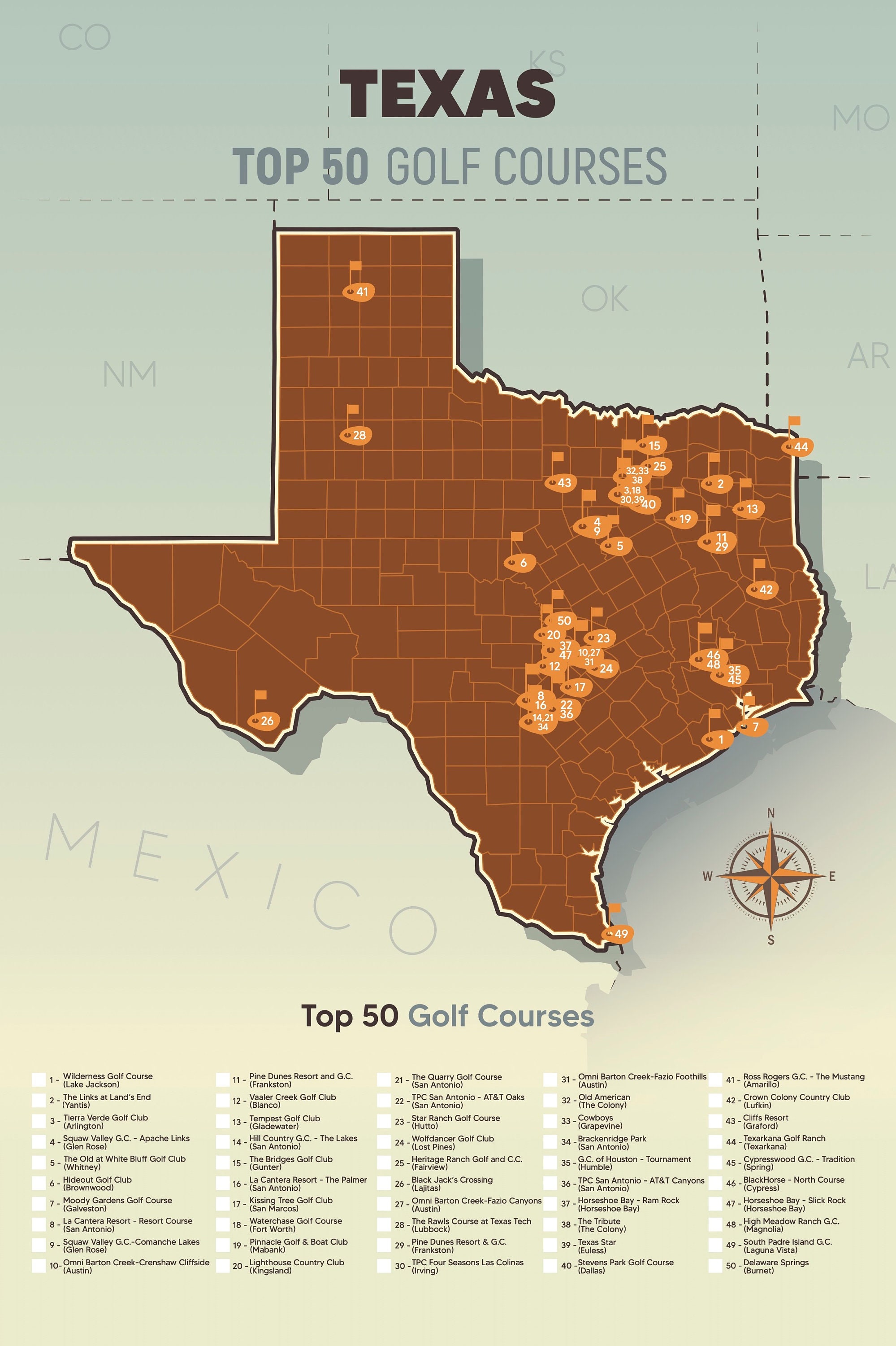 Texas Golf Top 50 Courses Map - Etsy
