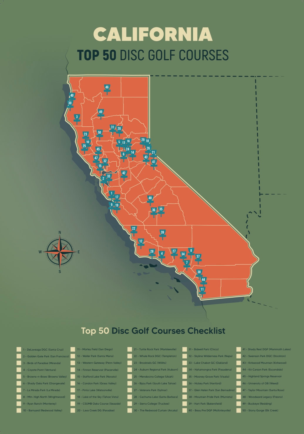 California Disc Golf Top 50 Courses Map - Etsy