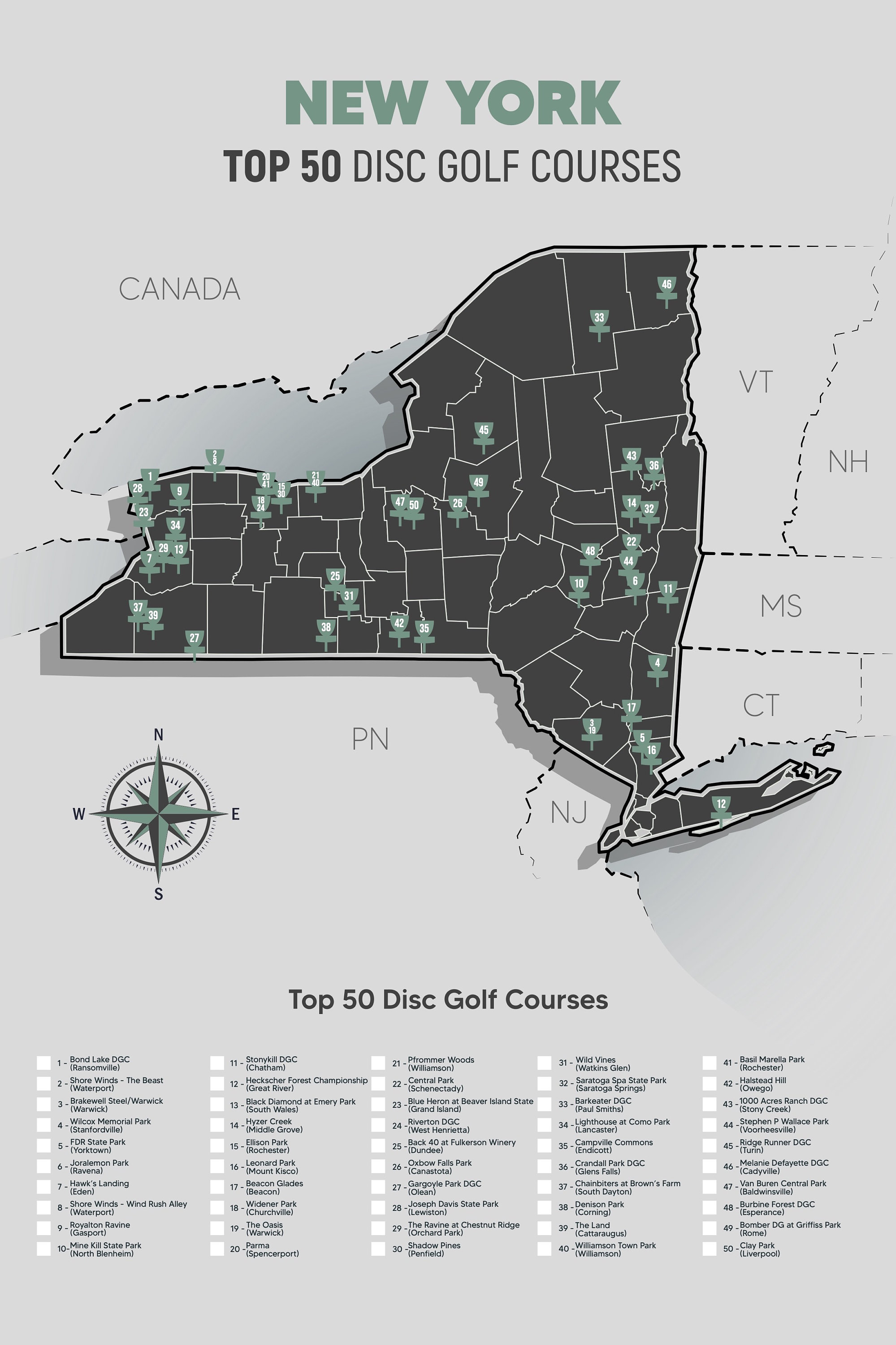New York Disc Golf Top 50 Courses Map - Etsy