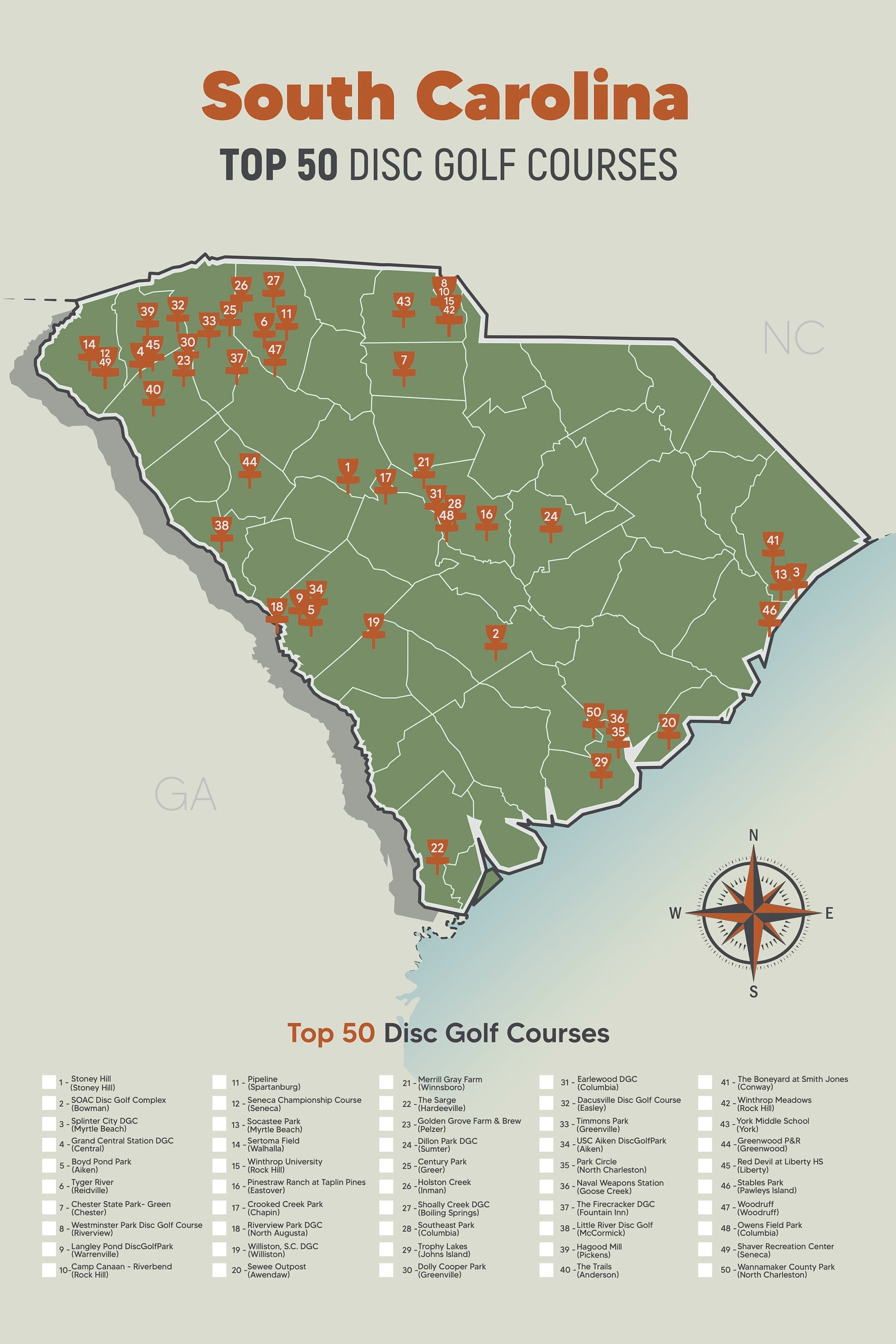 South Carolina Disc Golf Top 50 Courses Map - Etsy Canada