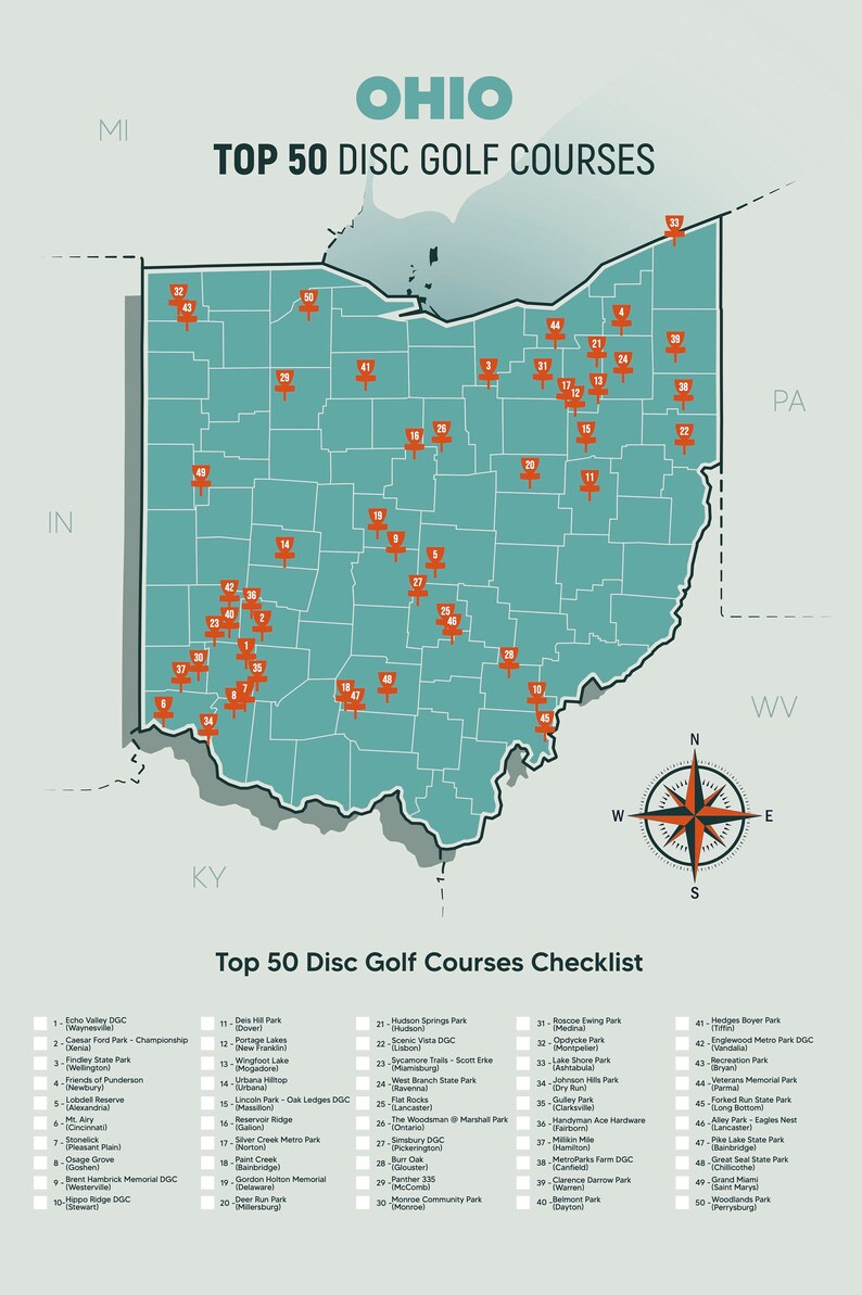 Ohio Disc Golf Top 50 Courses Map - Etsy