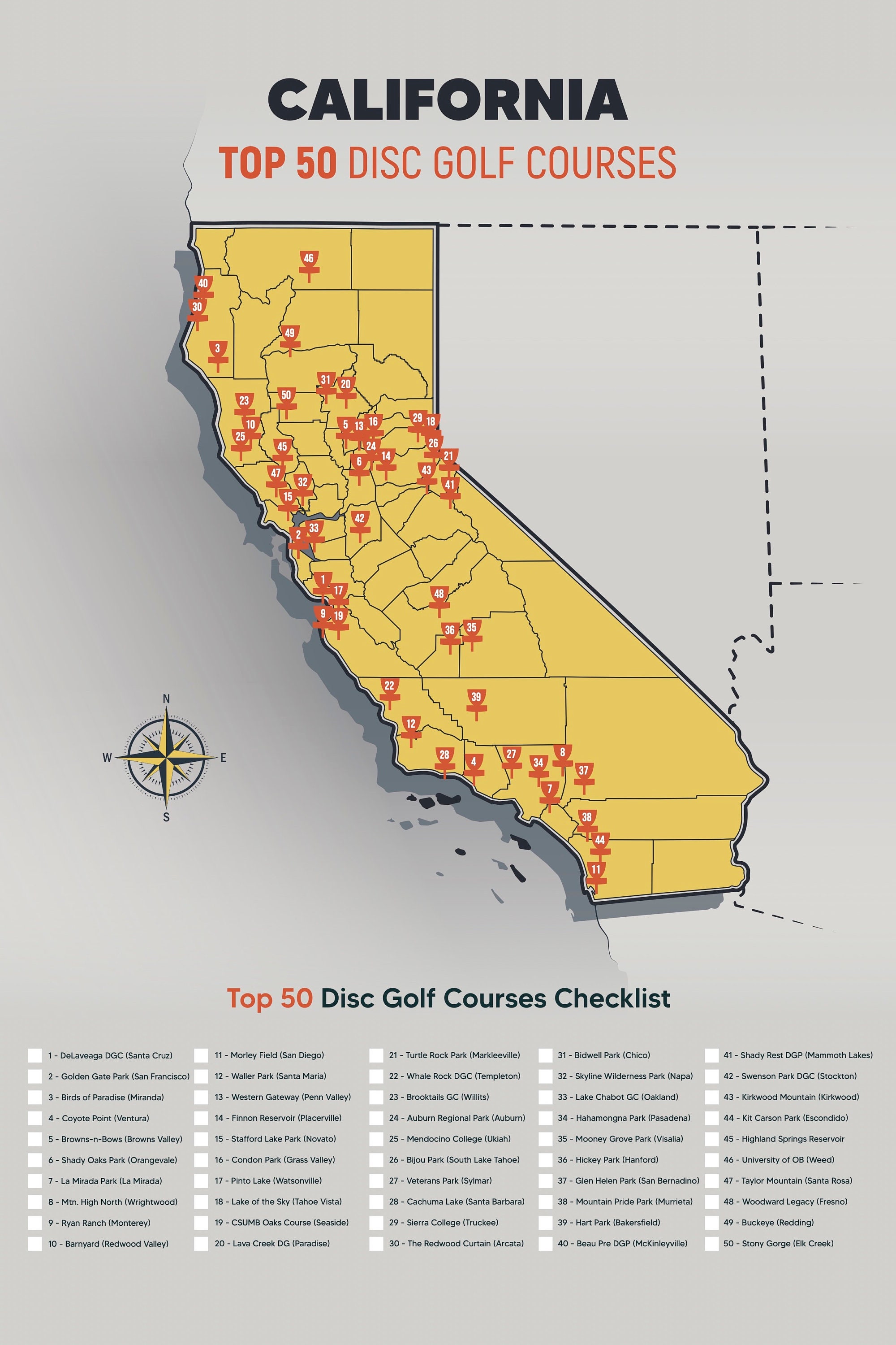 California Disc Golf Top 50 Courses Map - Etsy