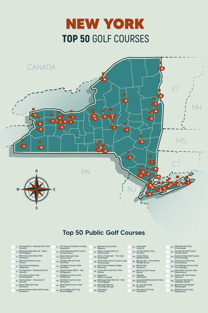 New York Top 50 Golf Courses Map - Etsy