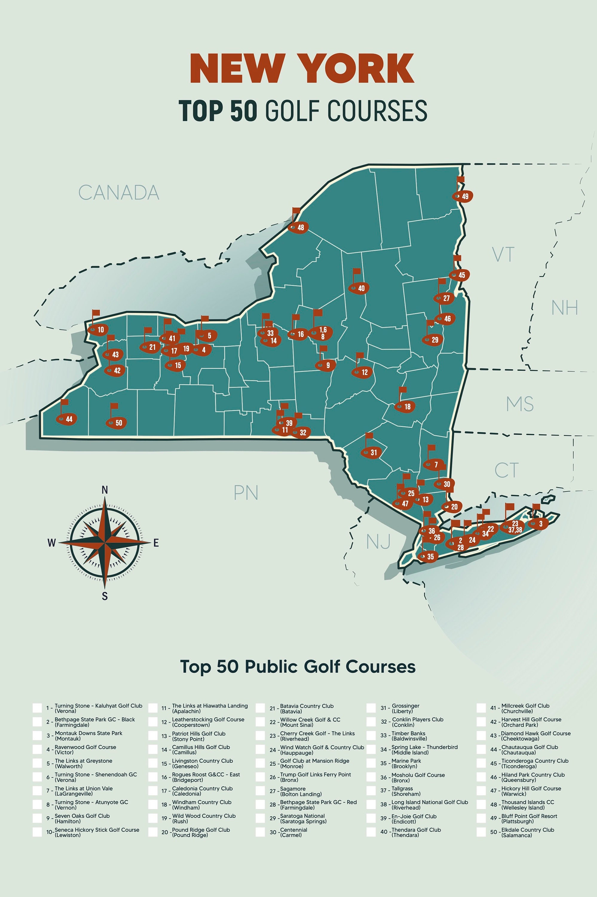 New York Top 50 Golf Courses Map - Etsy