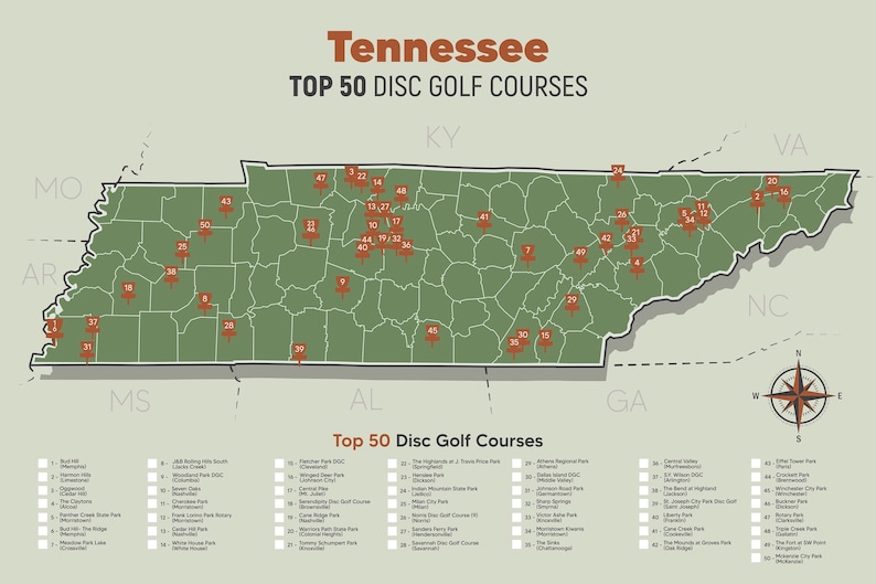 Tennessee Disc Golf Top 50 Courses Map - Etsy