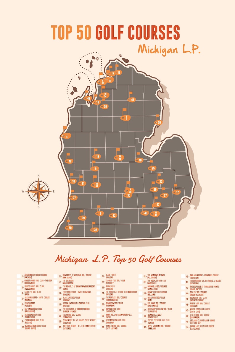 Michigan Top 50 Golf Courses Map - Etsy