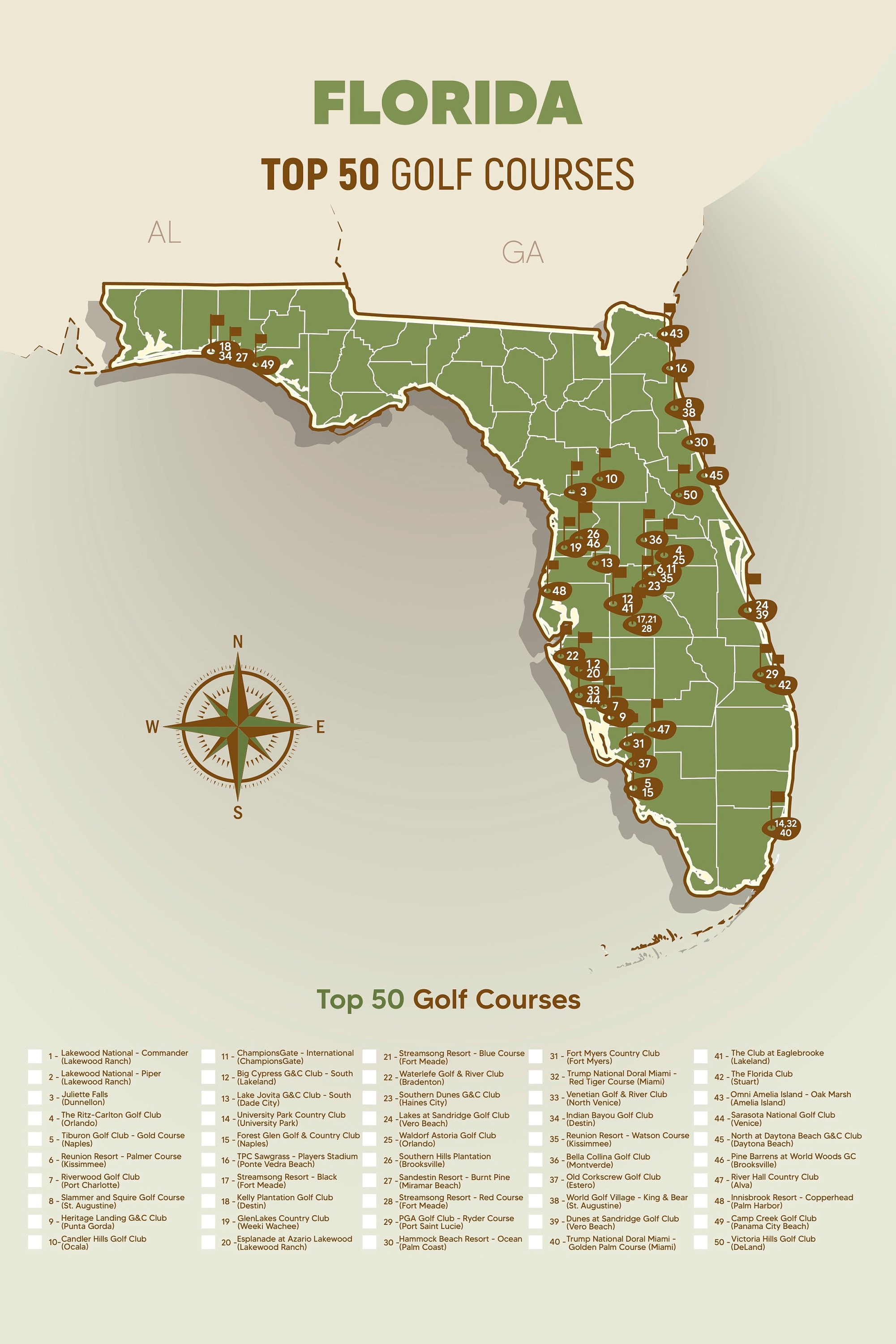 Florida Top 50 Golf Courses Map - Etsy
