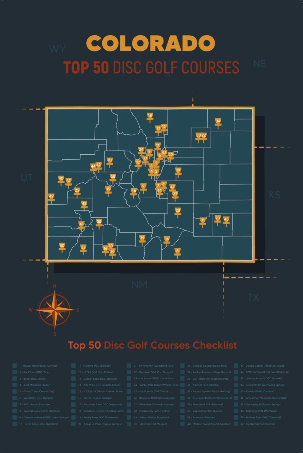 Colorado Disc Golf Top 50 Courses Map - Etsy