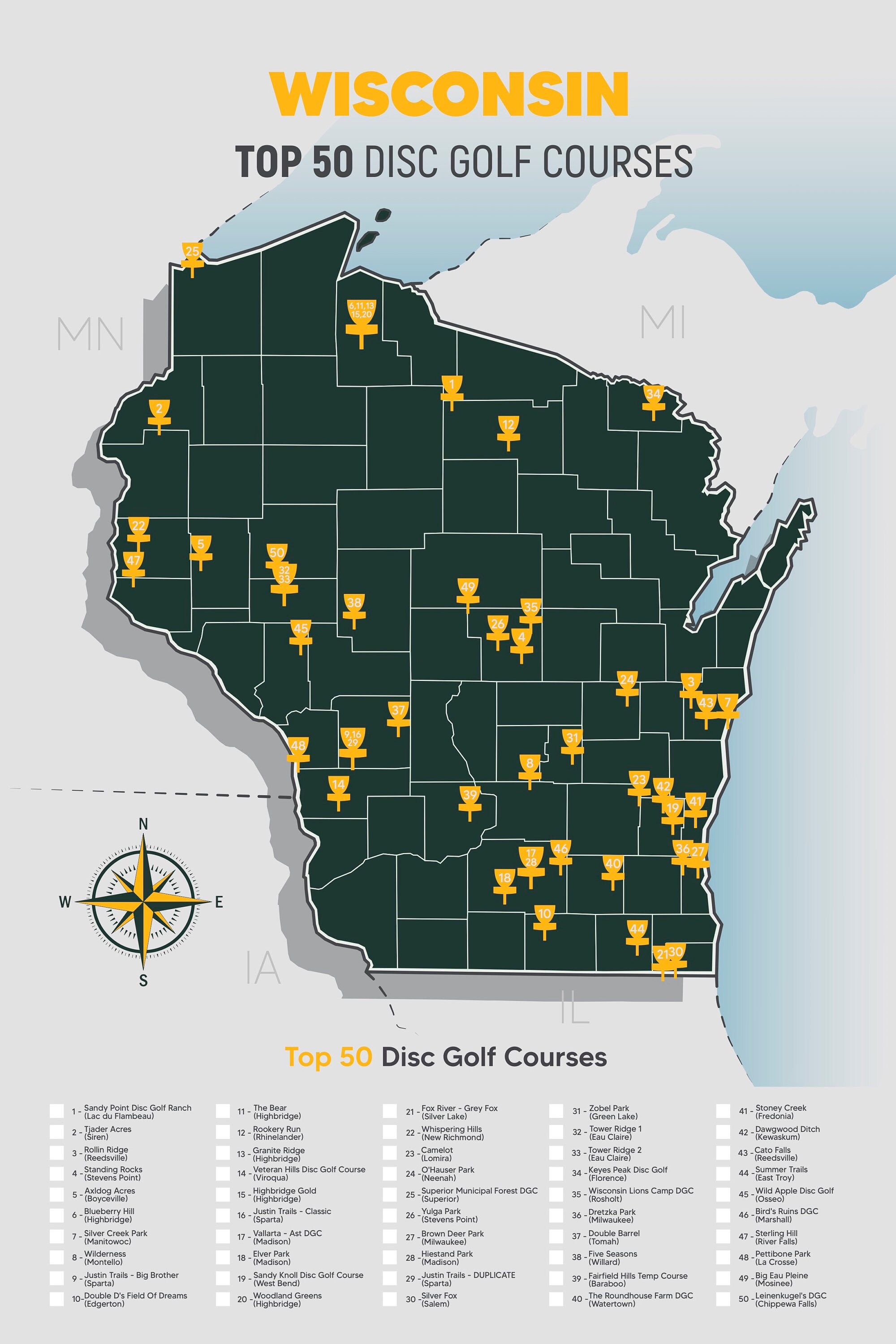 Wisconsin Top 50 Disc Golf Courses Map - Etsy