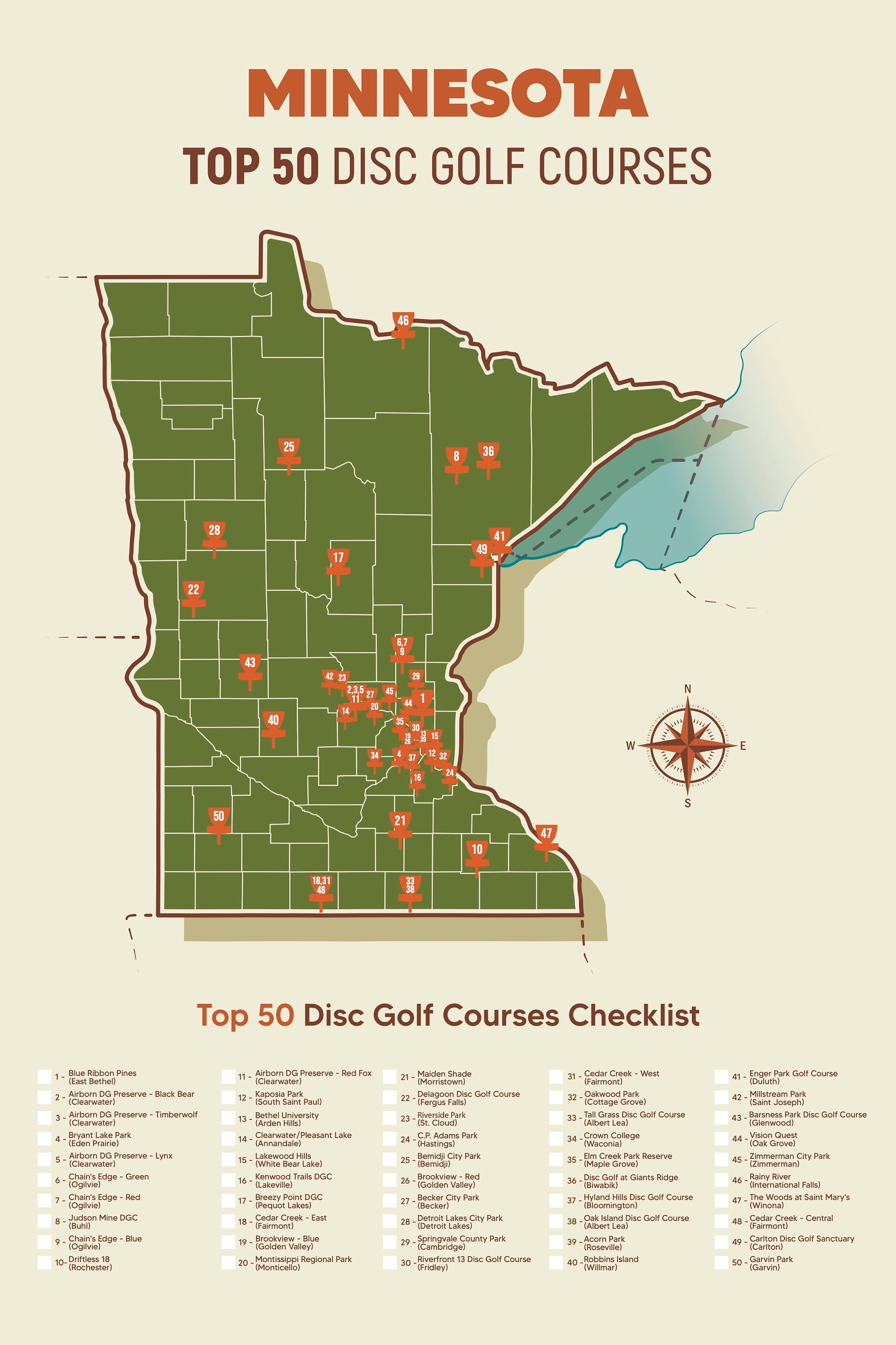 Mapa de los 50 mejores campos de golf con disco de Minnesota - Etsy España