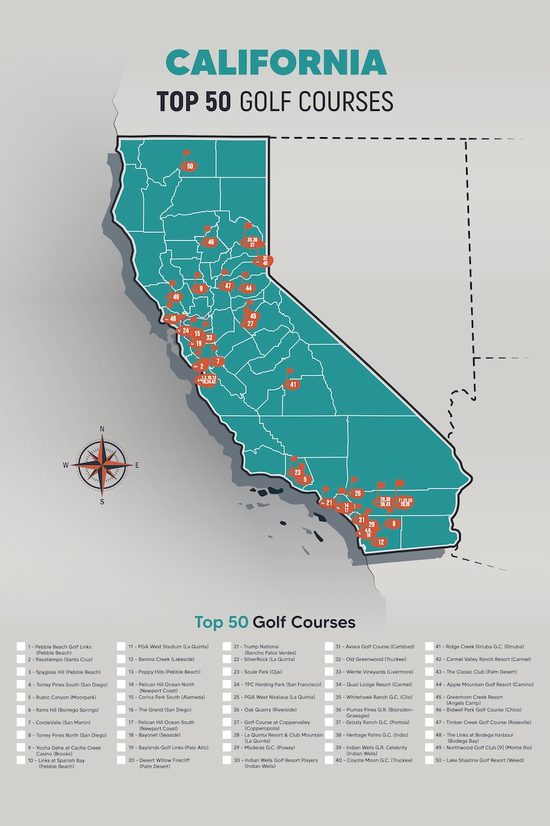 California Golf Top 50 Courses Map - Etsy