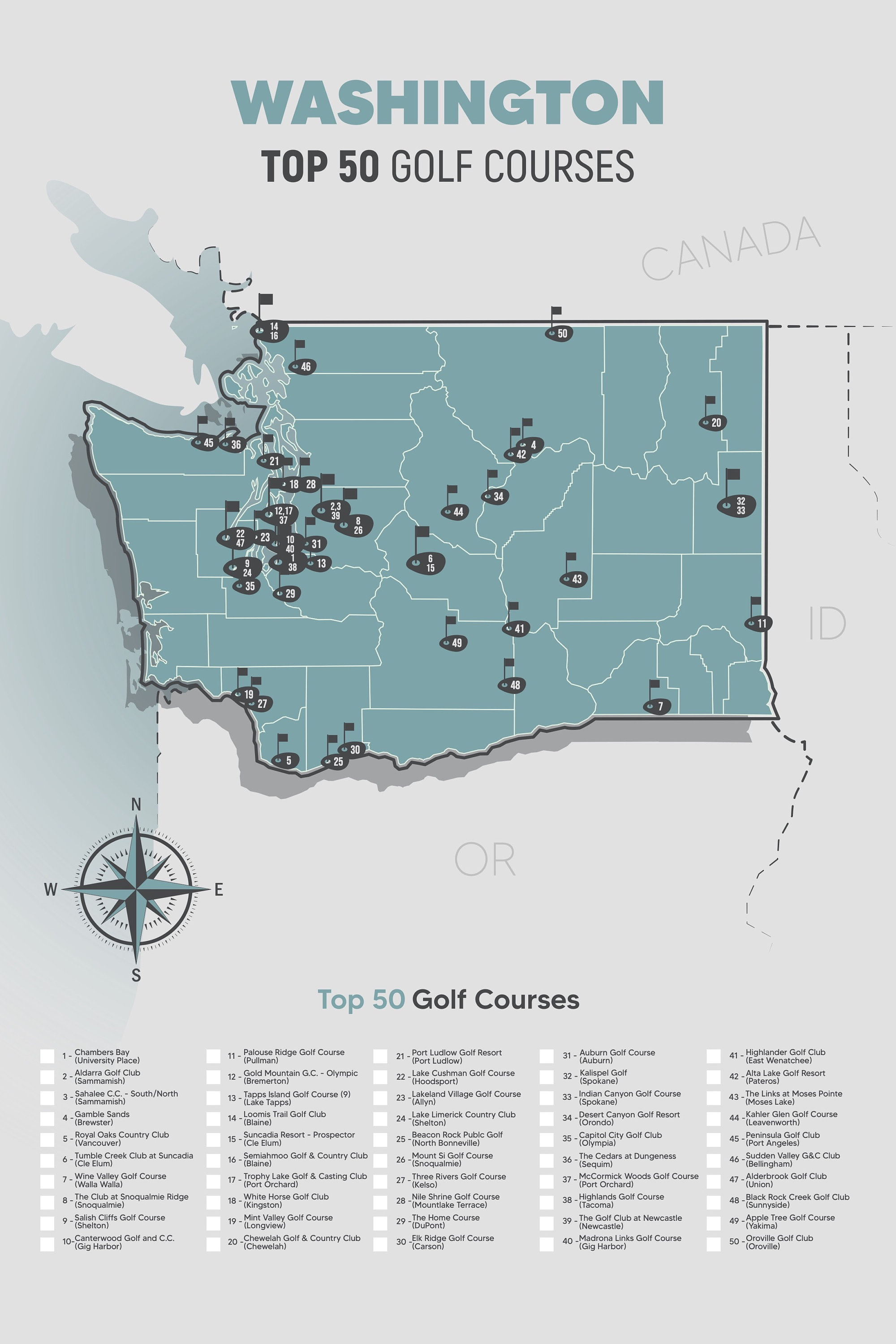 Washington Golf Top 50 Courses Map - Etsy