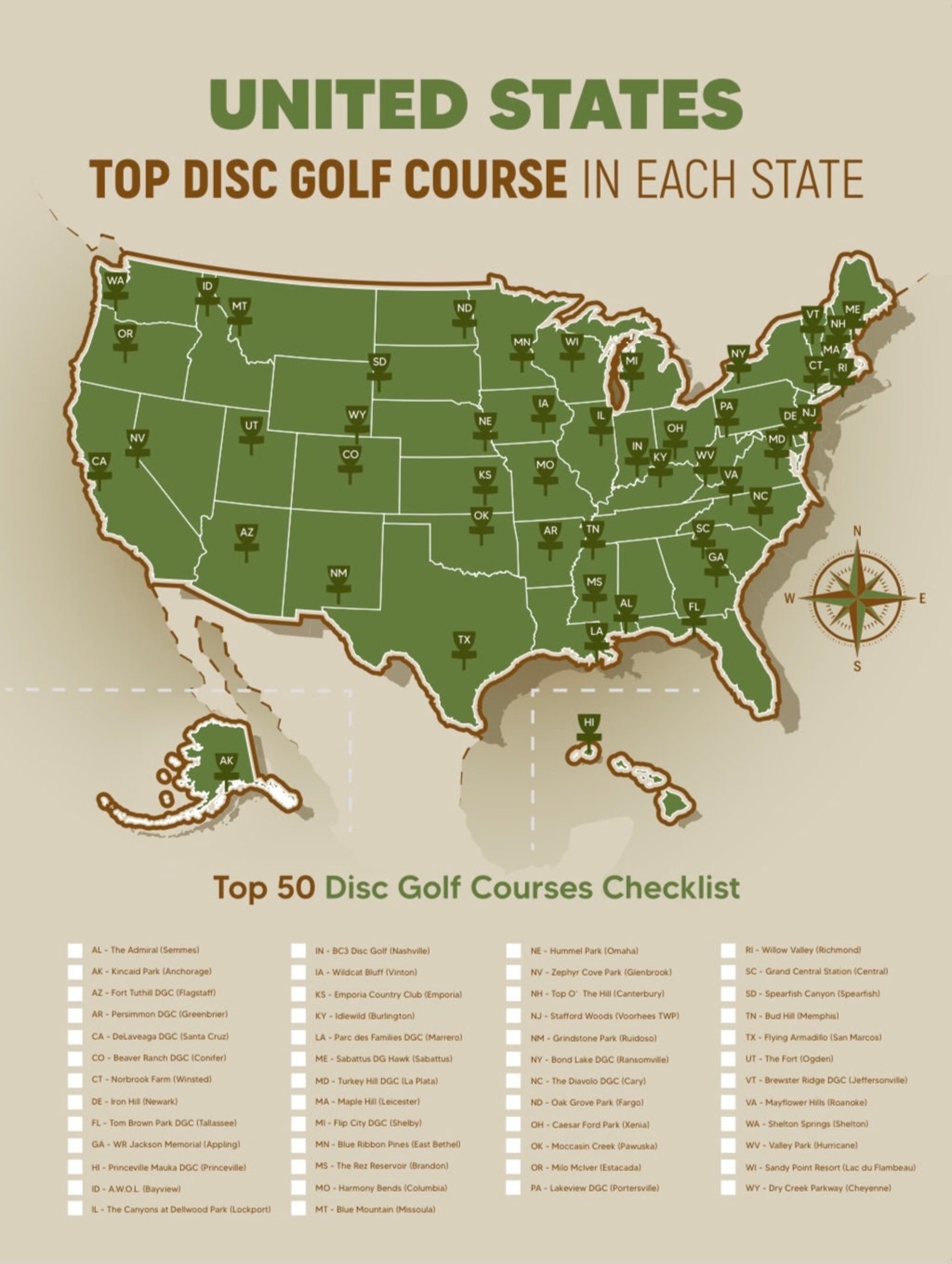 USA Disc Golf Top Course in Each State Map - Etsy