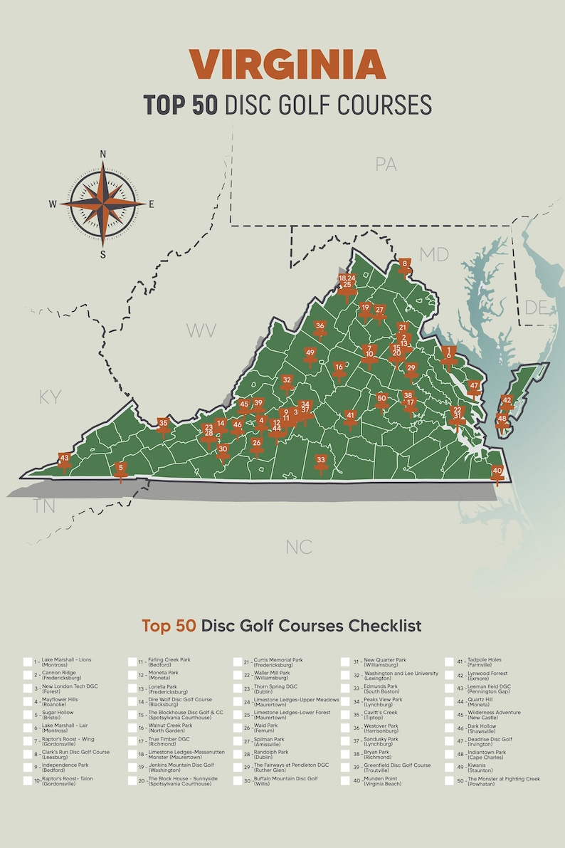 Virginia Disc Golf Top 50 Courses Map - Etsy