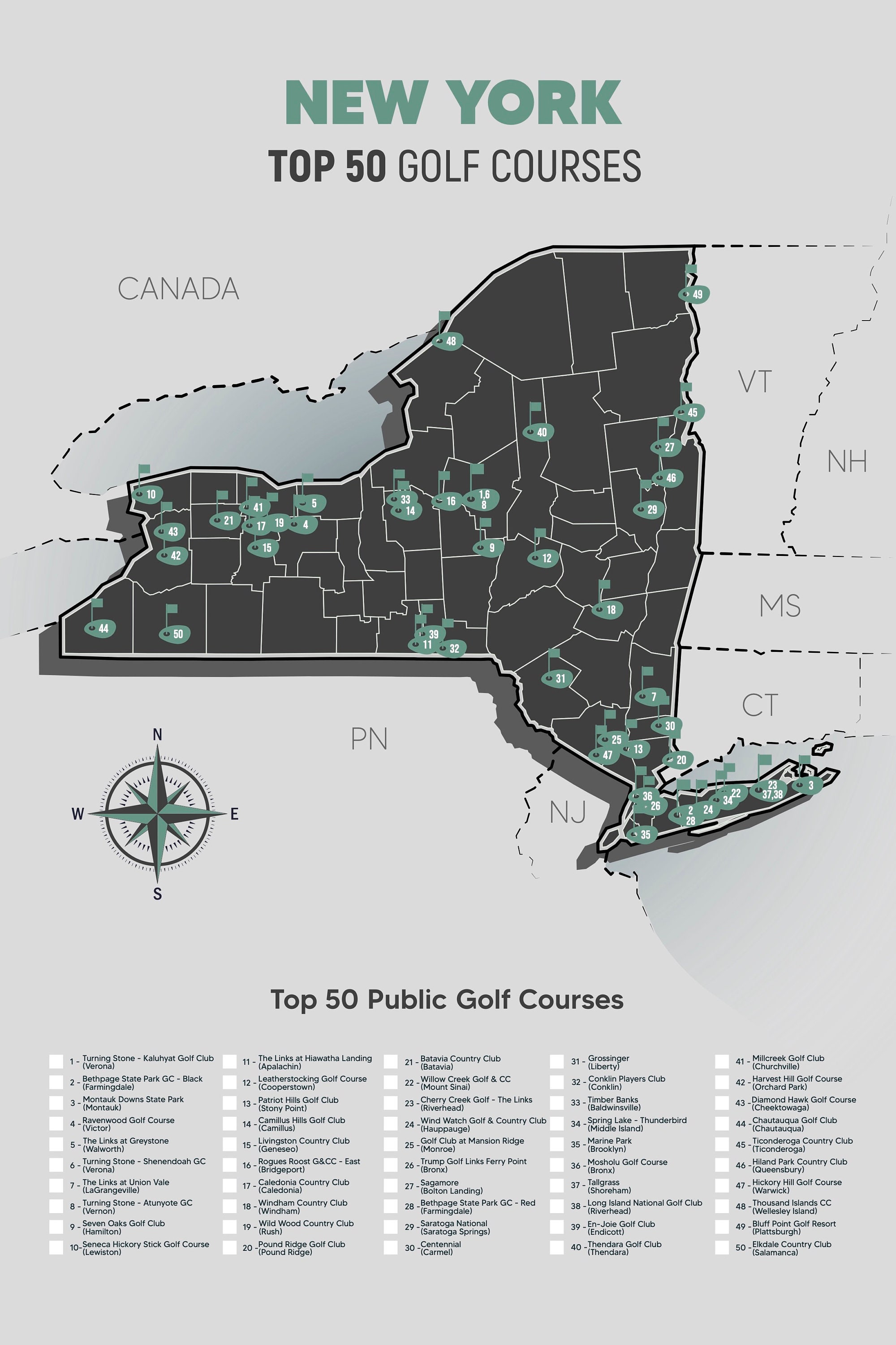 New York Top 50 Golf Courses Map - Etsy
