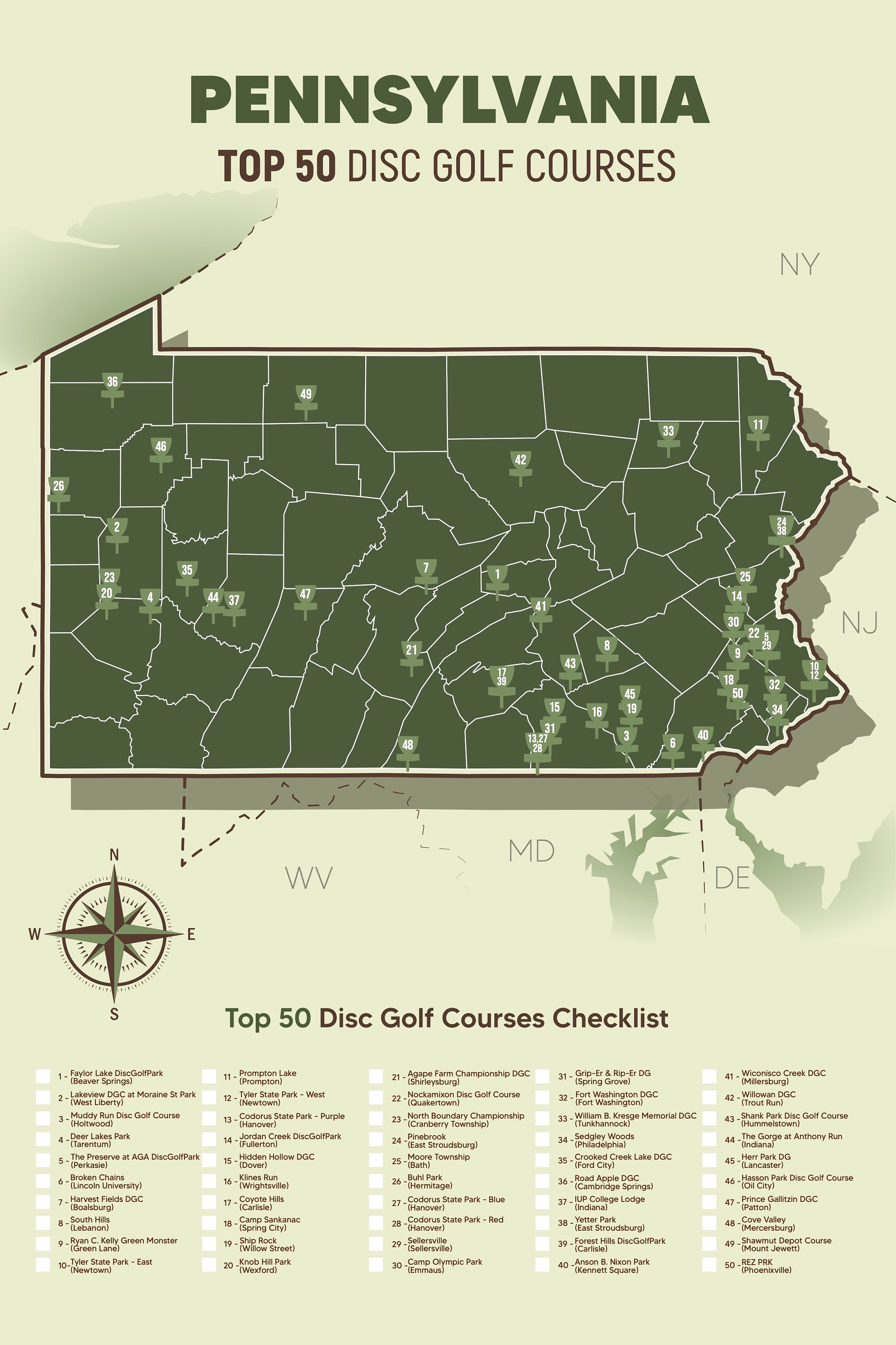 Pennsylvania Top 50 Disc Golf Courses Map - Etsy