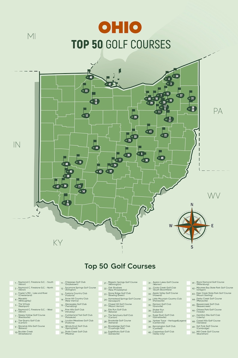 Ohio Golf Top 50 Courses Map - Etsy