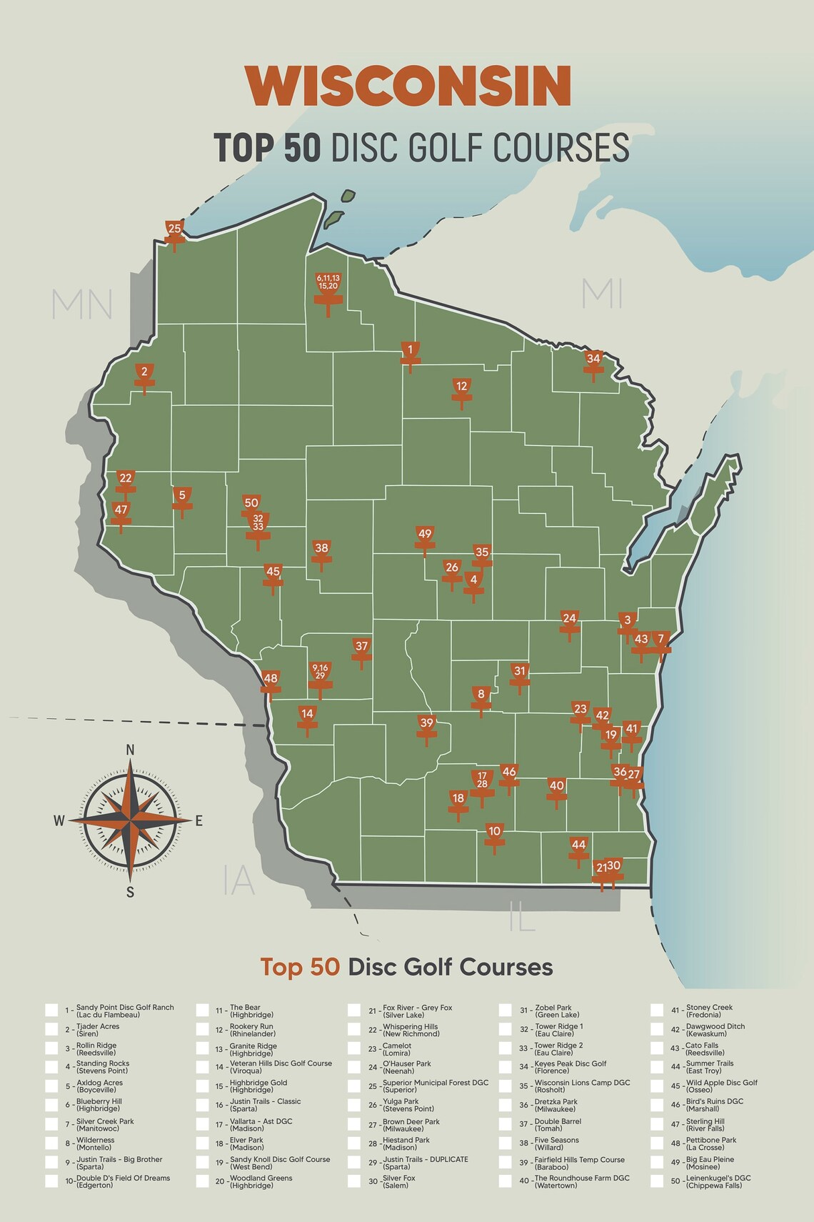 Wisconsin Top 50 Disc Golf Courses Map - Etsy