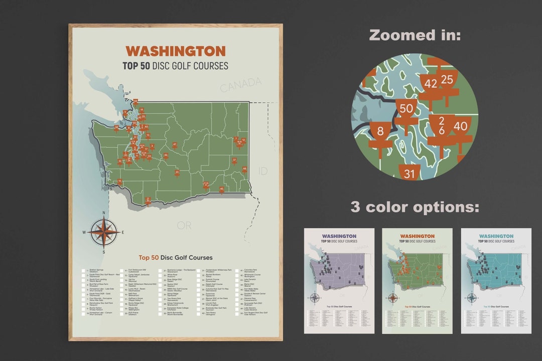 Washington Disc Golf Top 50 Courses Map - Etsy