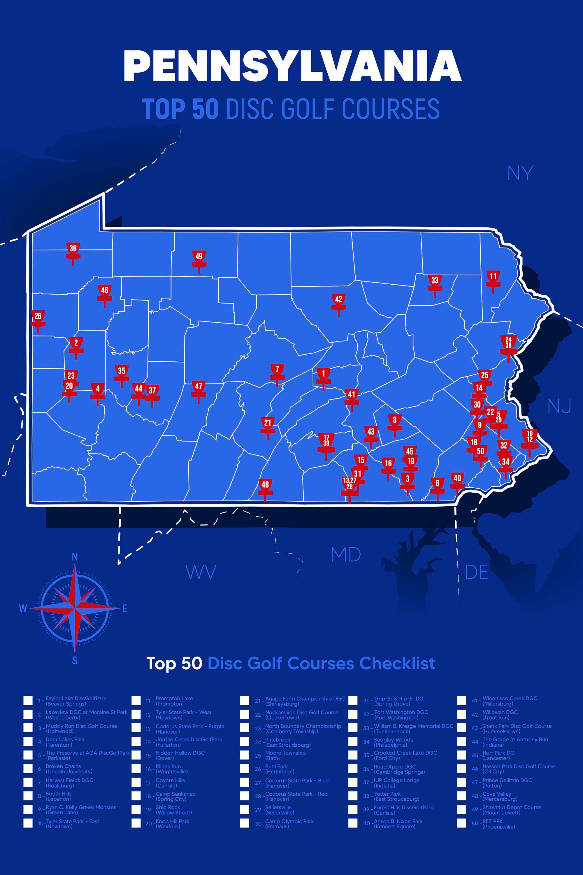 Pennsylvania Top 50 Disc Golf Courses Map - Etsy