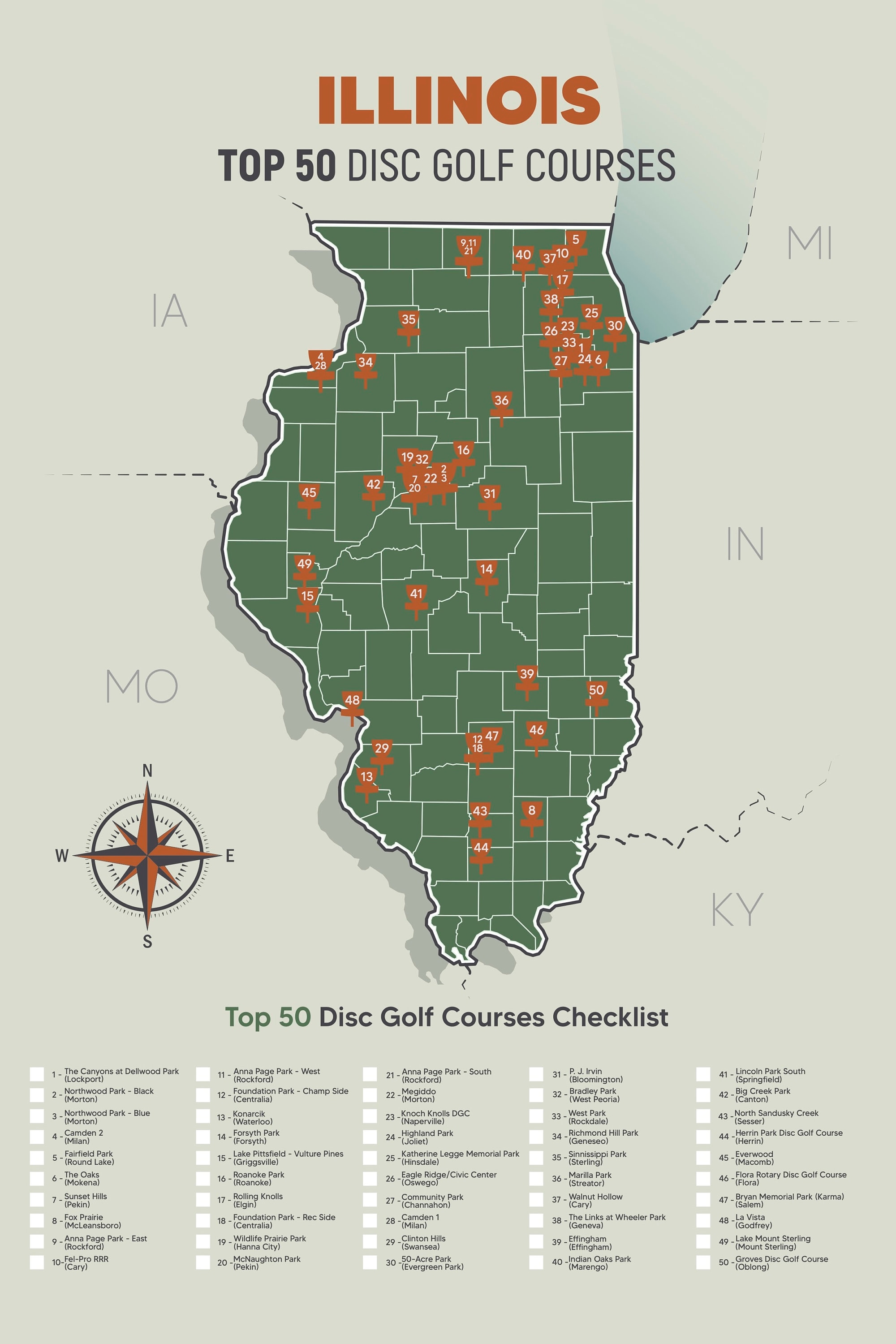 Illinois Disc Golf Top 50 Courses Map - Etsy