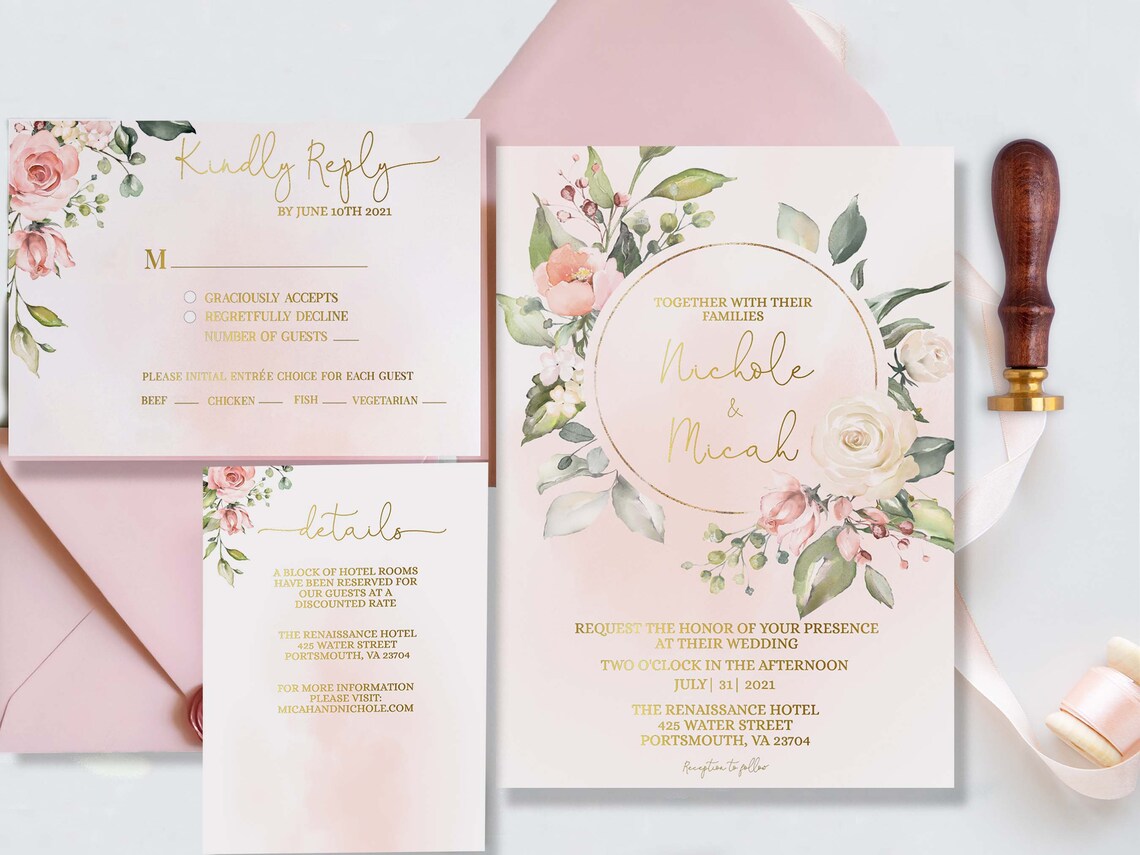 Blush and Gold Wedding Invitation, Wedding Invites Pink and Gold ...