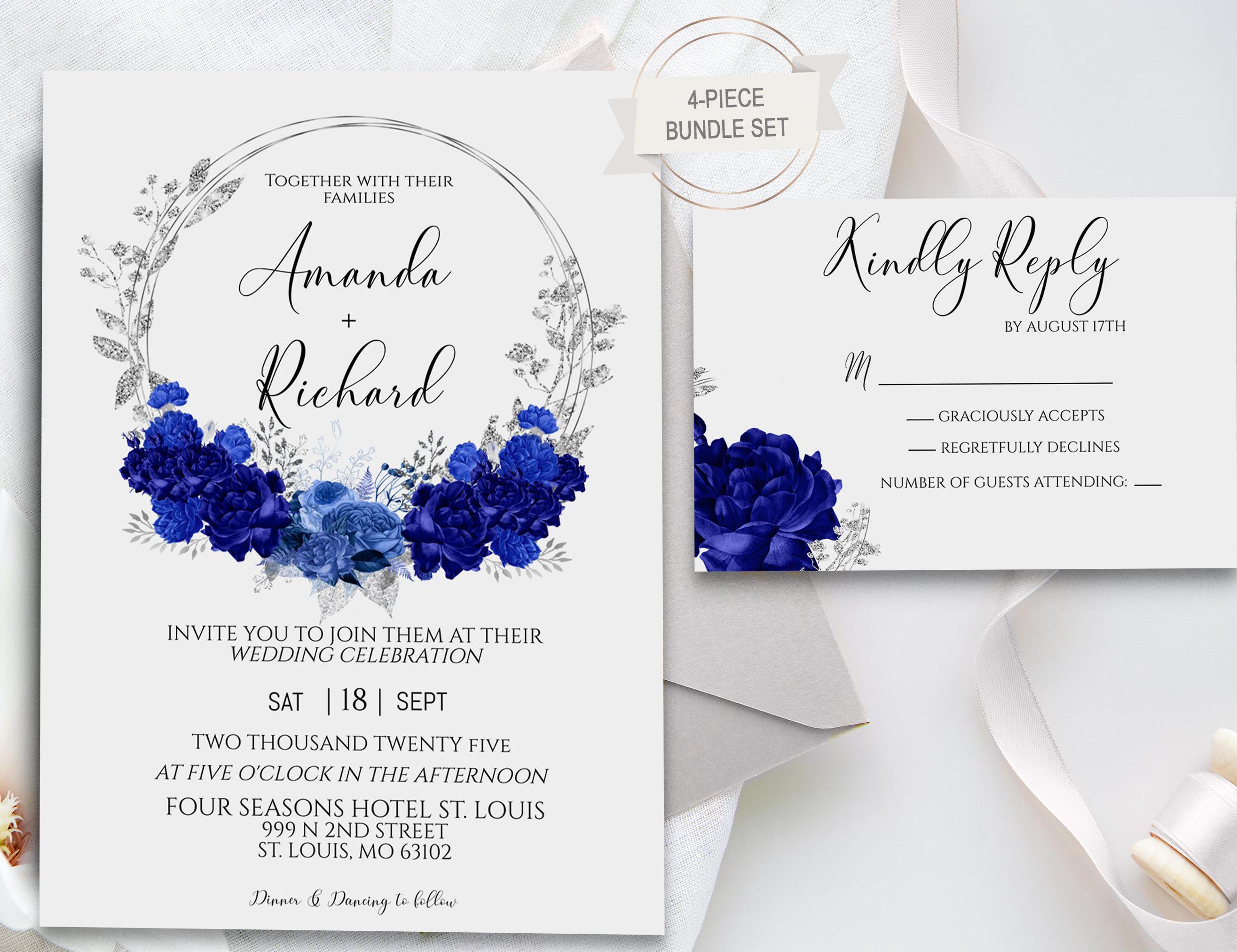 Elegant Royal Blue and Silver Wedding Invitation Set, Royal Blue ...