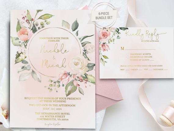 Blush and Gold Wedding Invitation Wedding Invites Pink and - Etsy