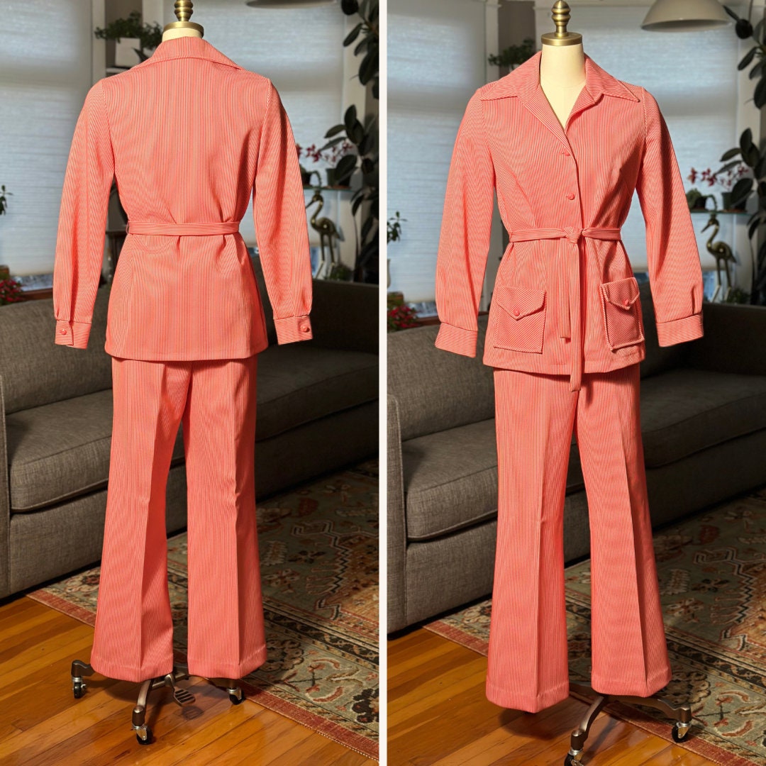 70s Peach Pink Striped 2 Piece Bell Bottom Leisure Suit (M) - Etsy