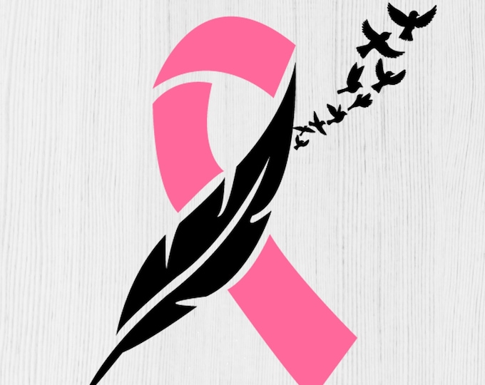 Breast Cancer Svg Split Svg Ribbon Feather and Birds SVG Breast Cancer ...