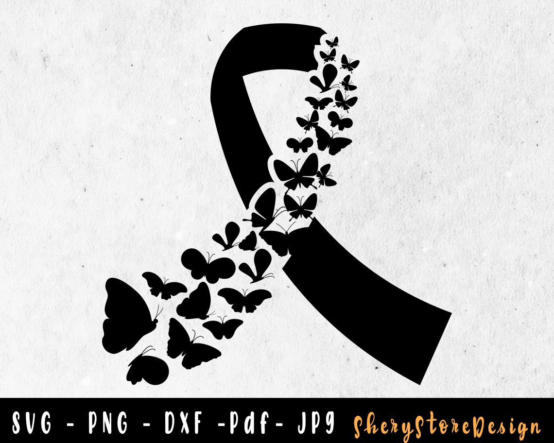 Feather Black Ribbon SVG, Skin Cancer SVG, Butterfly Skin Cancer Svg ...