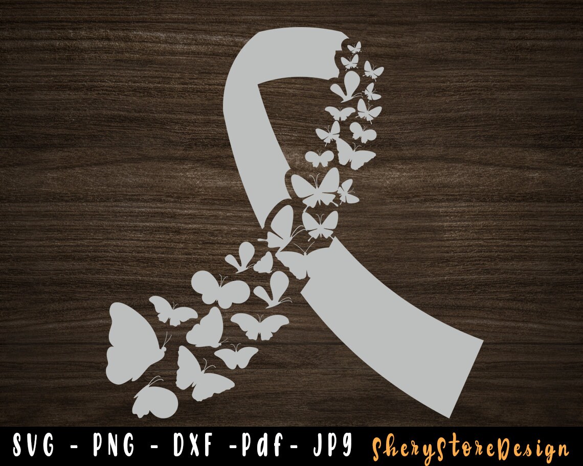 Feather Grey Ribbon SVG, Brain Cancer SVG, Butterfly Brain Cancer Svg ...