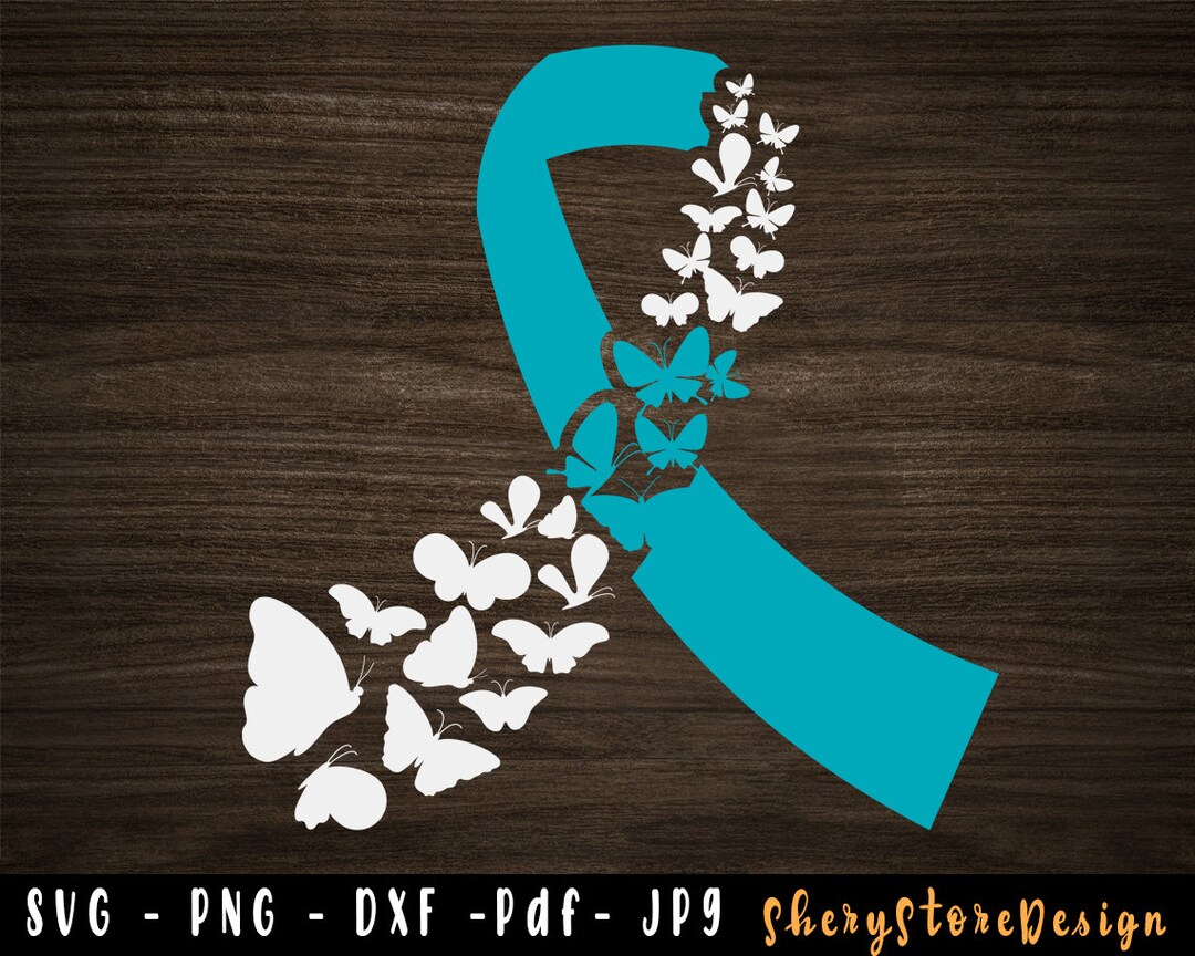Feather White Teal Ribbon SVG, Cervical Cancer SVG, Butterfly Cervical ...