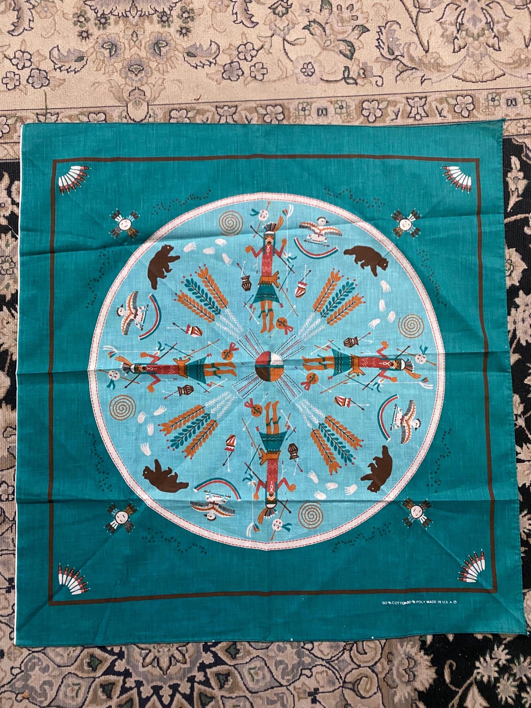 Native Bandana Red Indian Handkerchief Green 23x24 Cotton Poly Rare ...