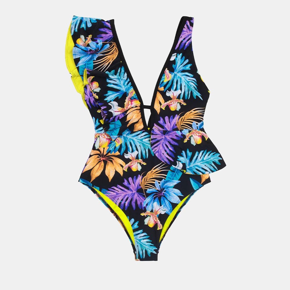 Unique One Piece Women Swimsuit Set Black Floral Swimsuit Ruffled One Piece V Neck One Piece