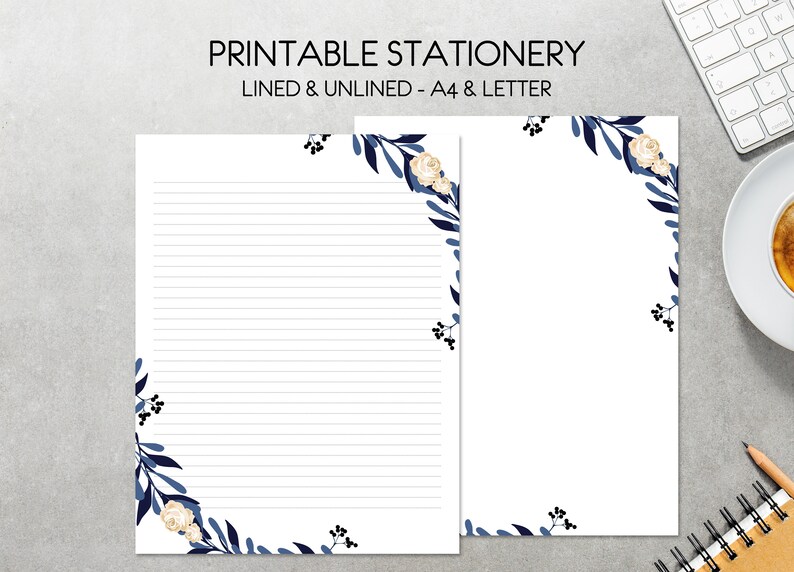 Floral Blue Printable Stationery Paper Lined Unlined A4 - Etsy