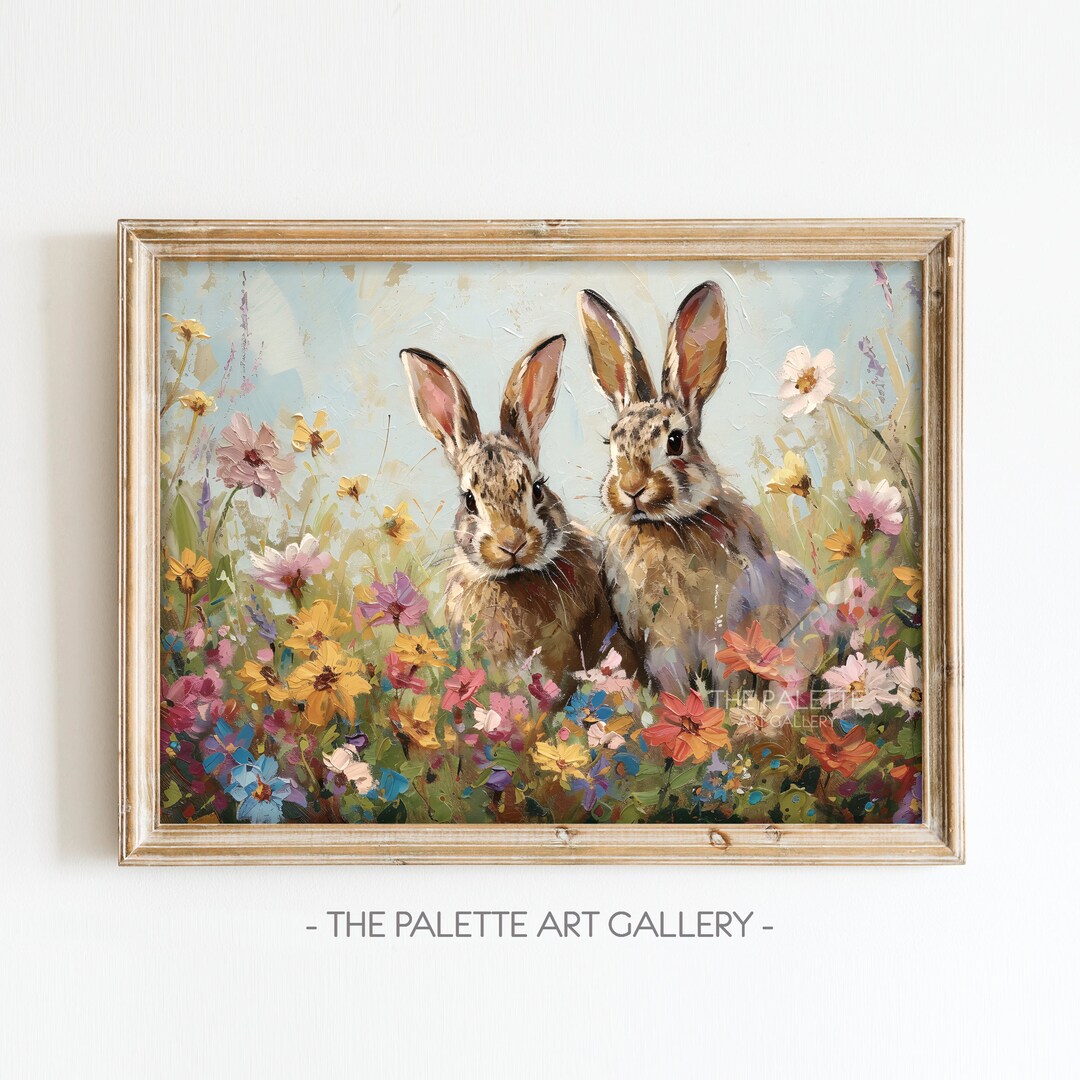 Spring Bunny Rabbits Oil Painting Digital Download, Spring Decor ...