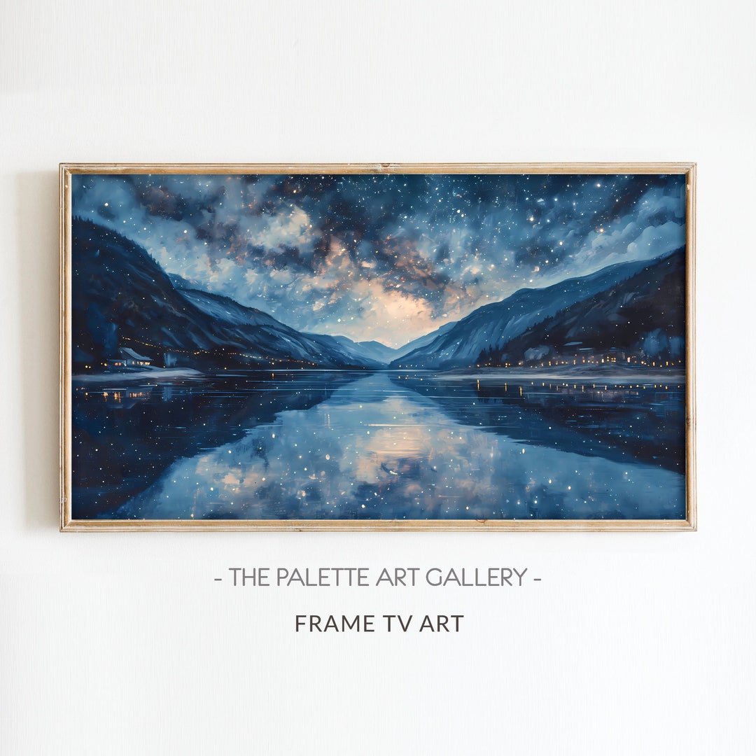 Lakeside Starry Night Frame TV Art Digital Download, Winter Decor Night ...