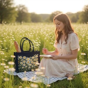 Daisy Embroidery Tote Bag: Handmade Cotton Shoulder Bag - Etsy