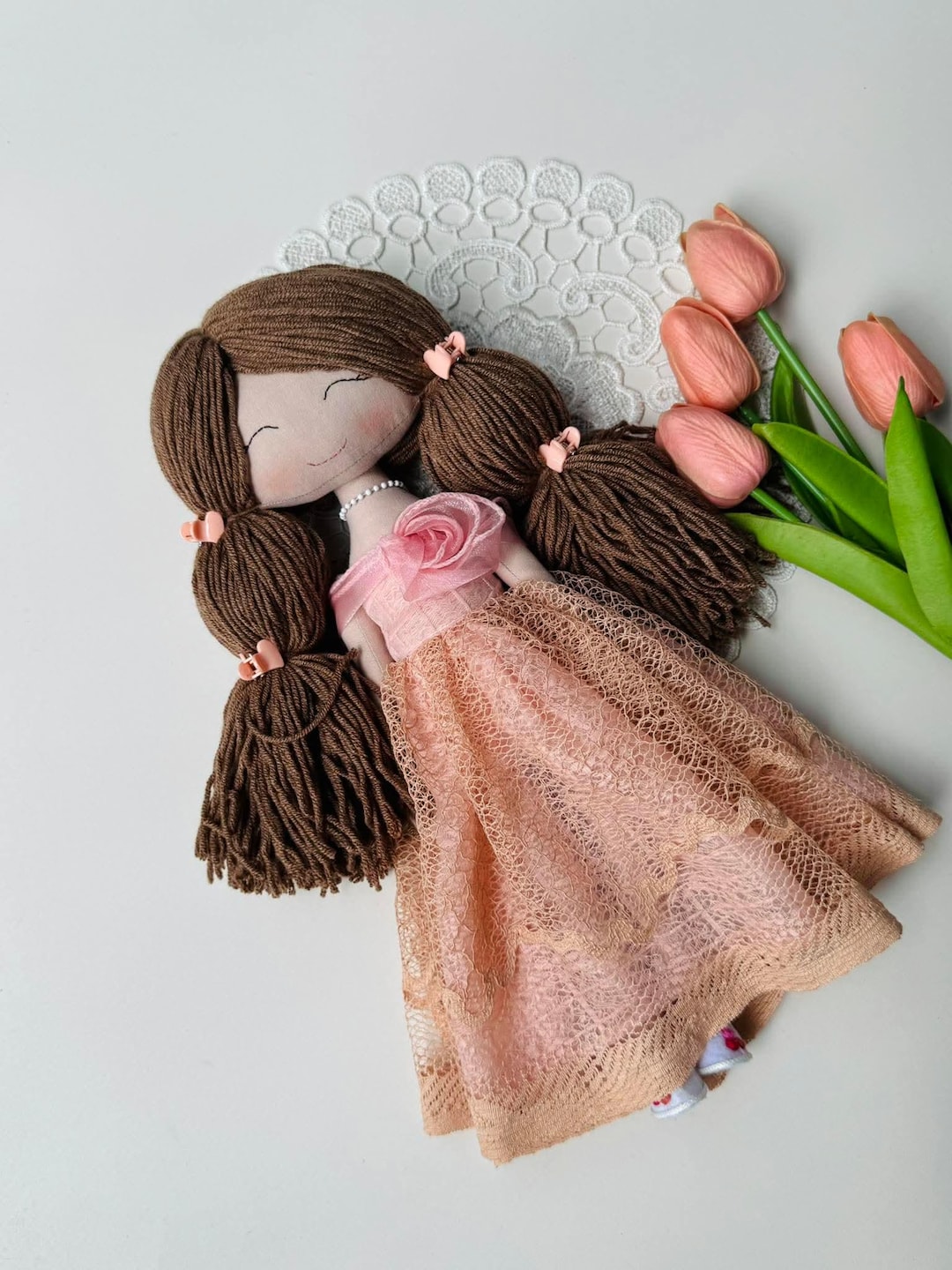 Handmade Fabric Doll: Yarn Hair & Floral Dress - 14