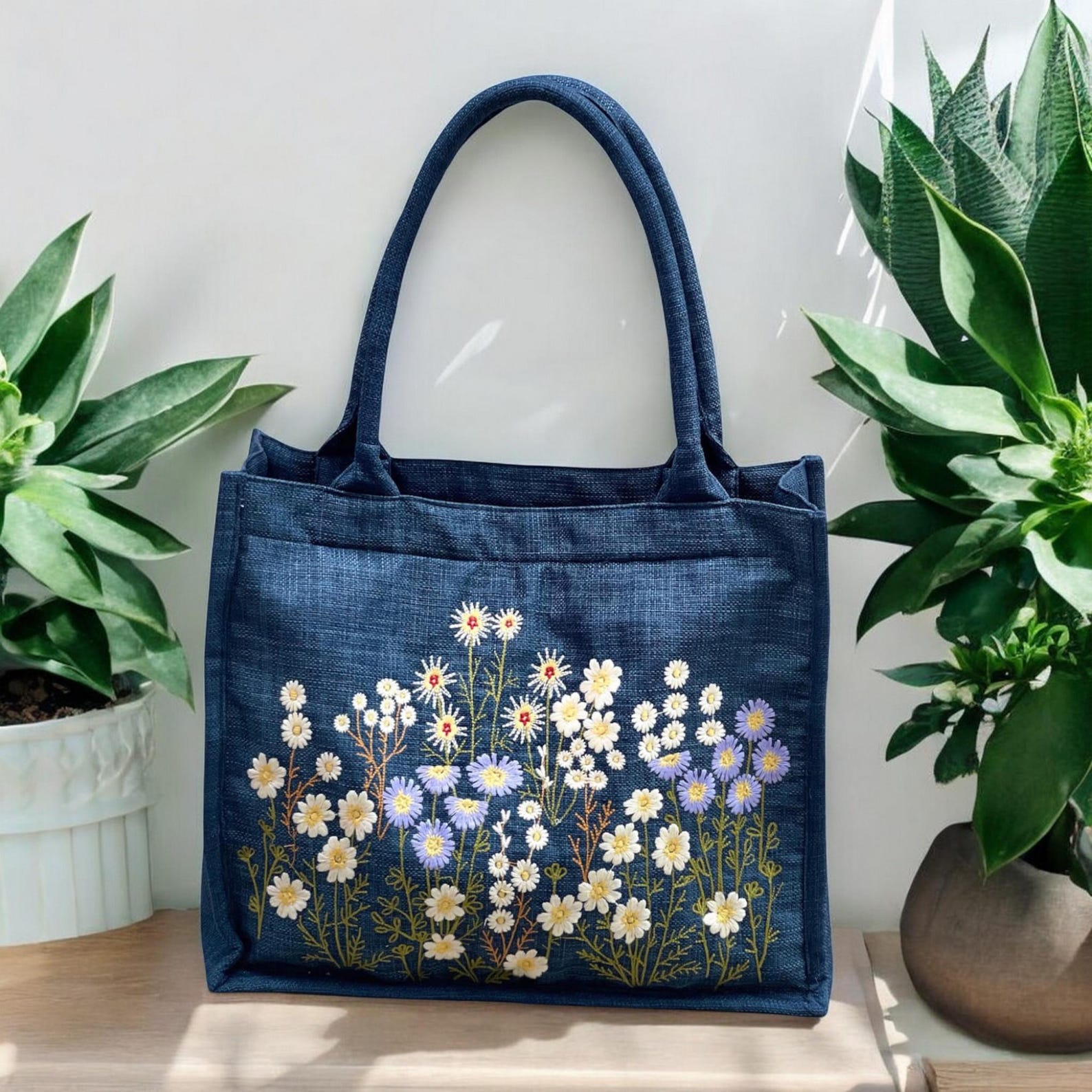 Daisy Embroidery Tote Bag: Handmade Cotton Shoulder Bag - Etsy