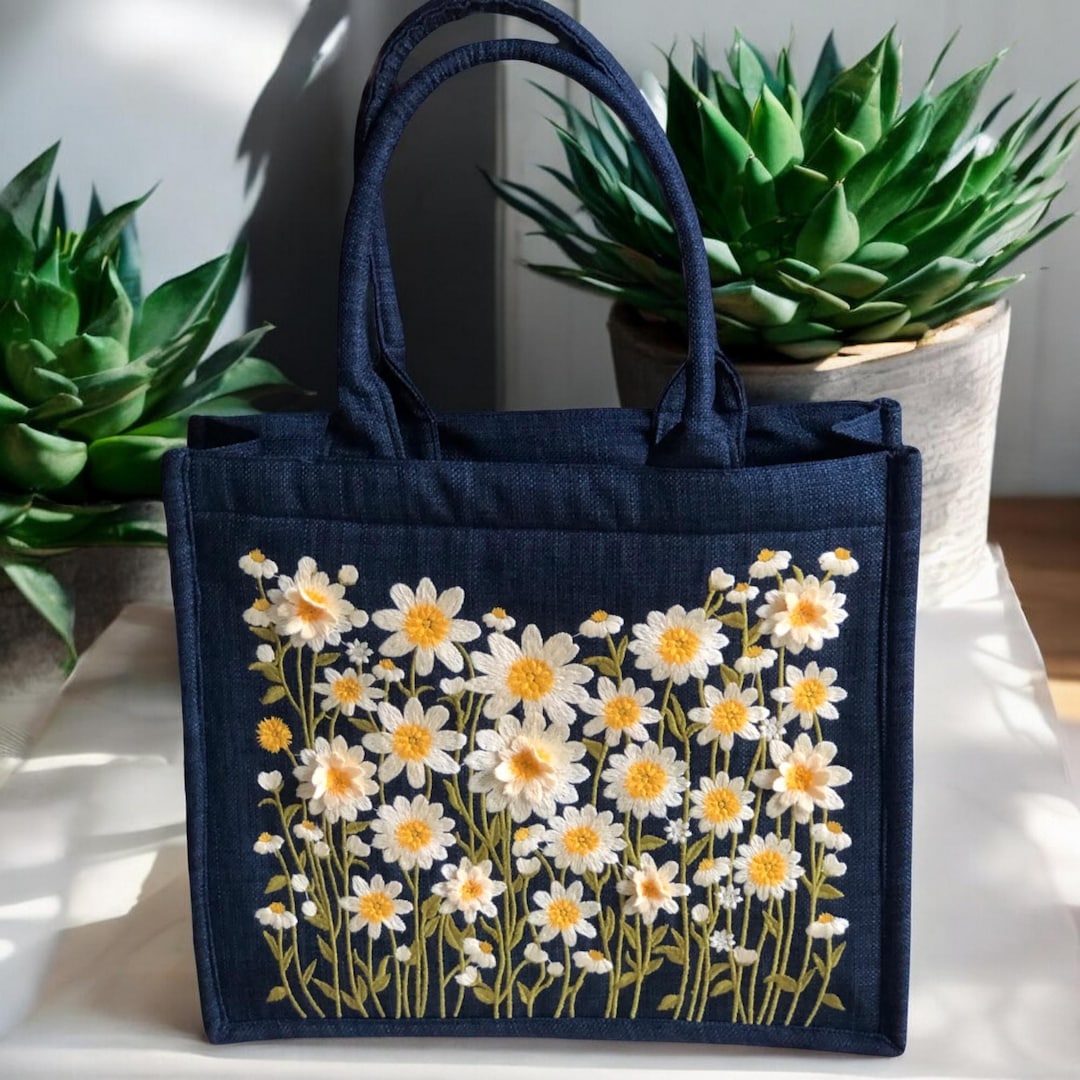 Daisy Embroidery Tote Bag: Handmade Cotton Shoulder Bag - Etsy