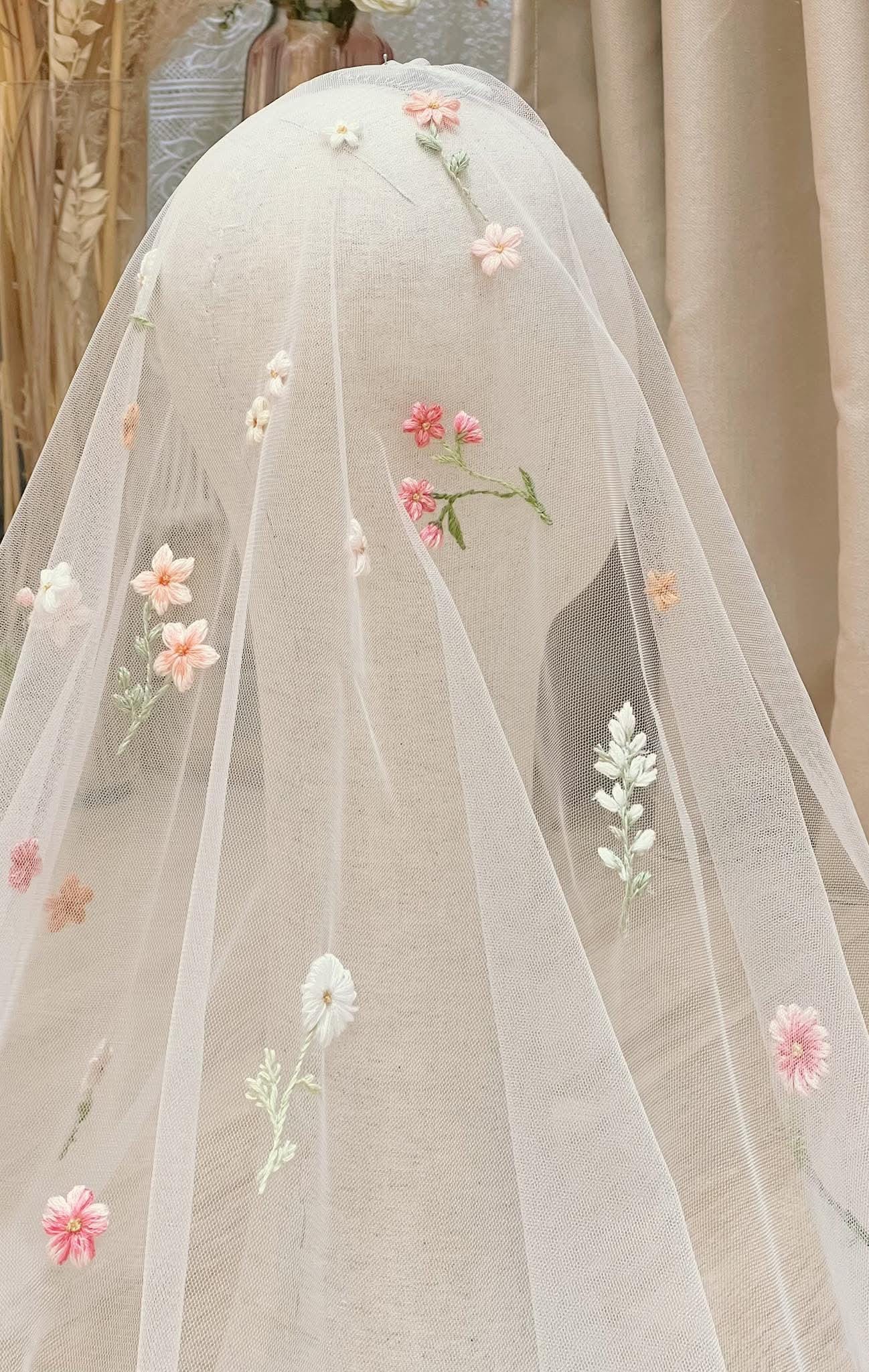 Floral Embroidered Wedding Veil: Whimsical Tulle Bridal Veil With ...