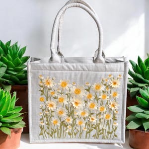 Daisy Embroidery Tote Bag: Handmade Cotton Shoulder Bag - Etsy