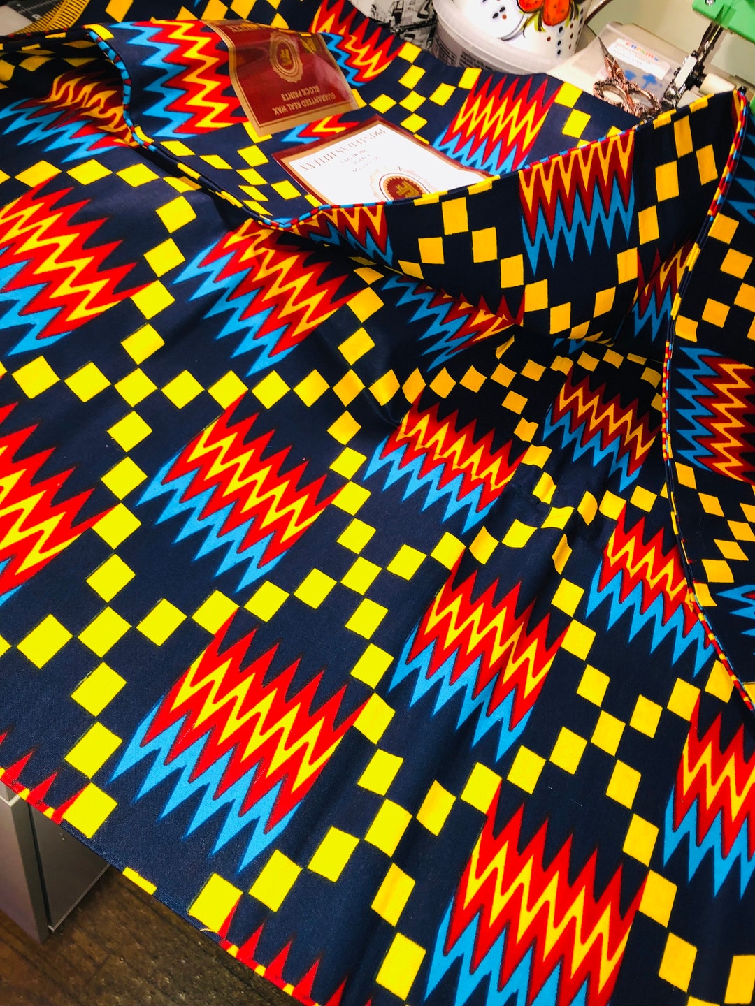 Ankara Checkered Blue Gold Red |african Fabric by the Yard, 100% Cotton ...