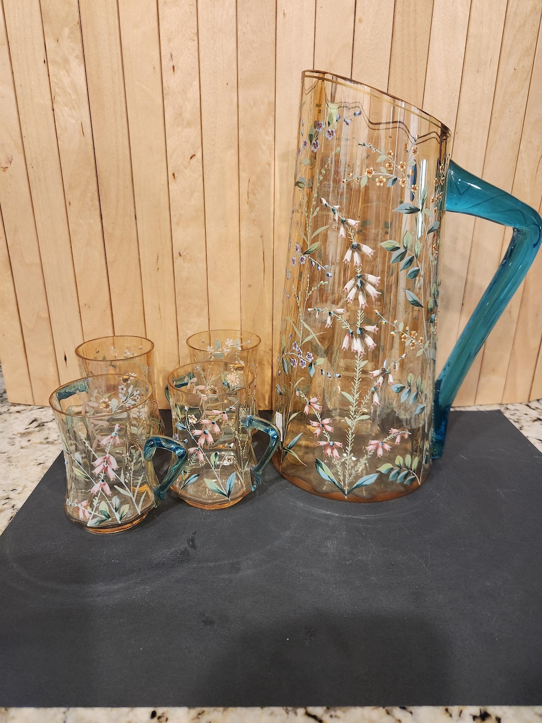 Turquoise Moser Glass Pitcher and Drinking Glass Set Antique - Etsy