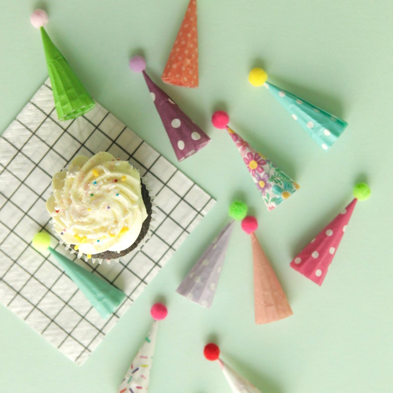 Mini Party Hats Cake Topper, Cupcake and Cake Toppers, Pompom Party Hat ...