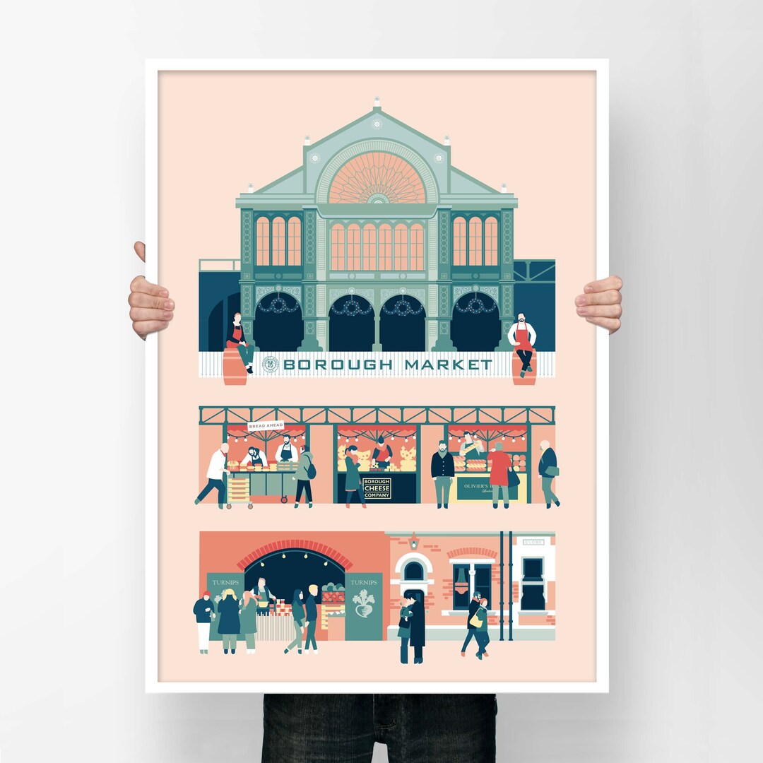 Borough Market Print with the Market Hall Building, food stalls & the ...