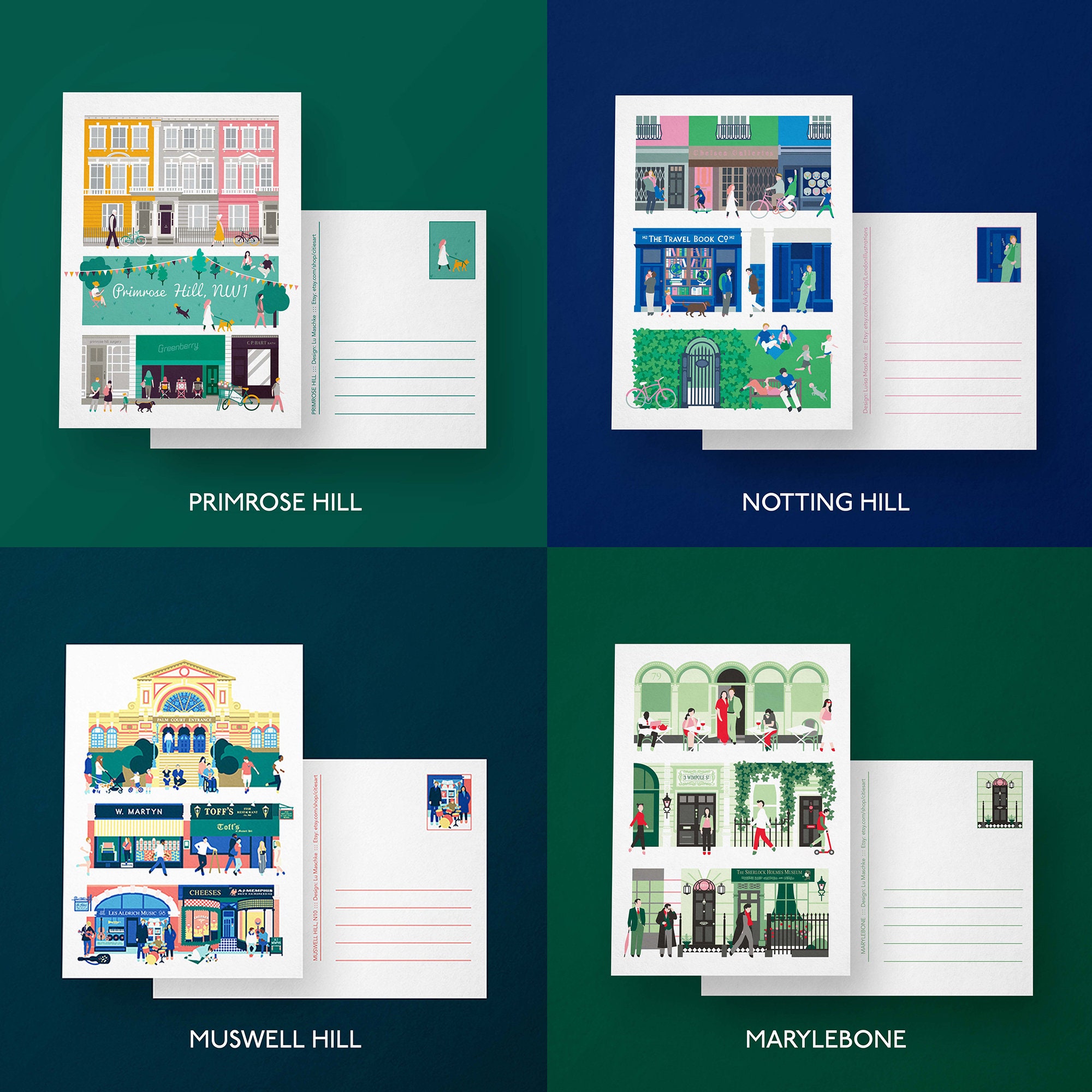 20 London Postcards in A6 WITH Matching Envelopes, Crouch End, Notting ...