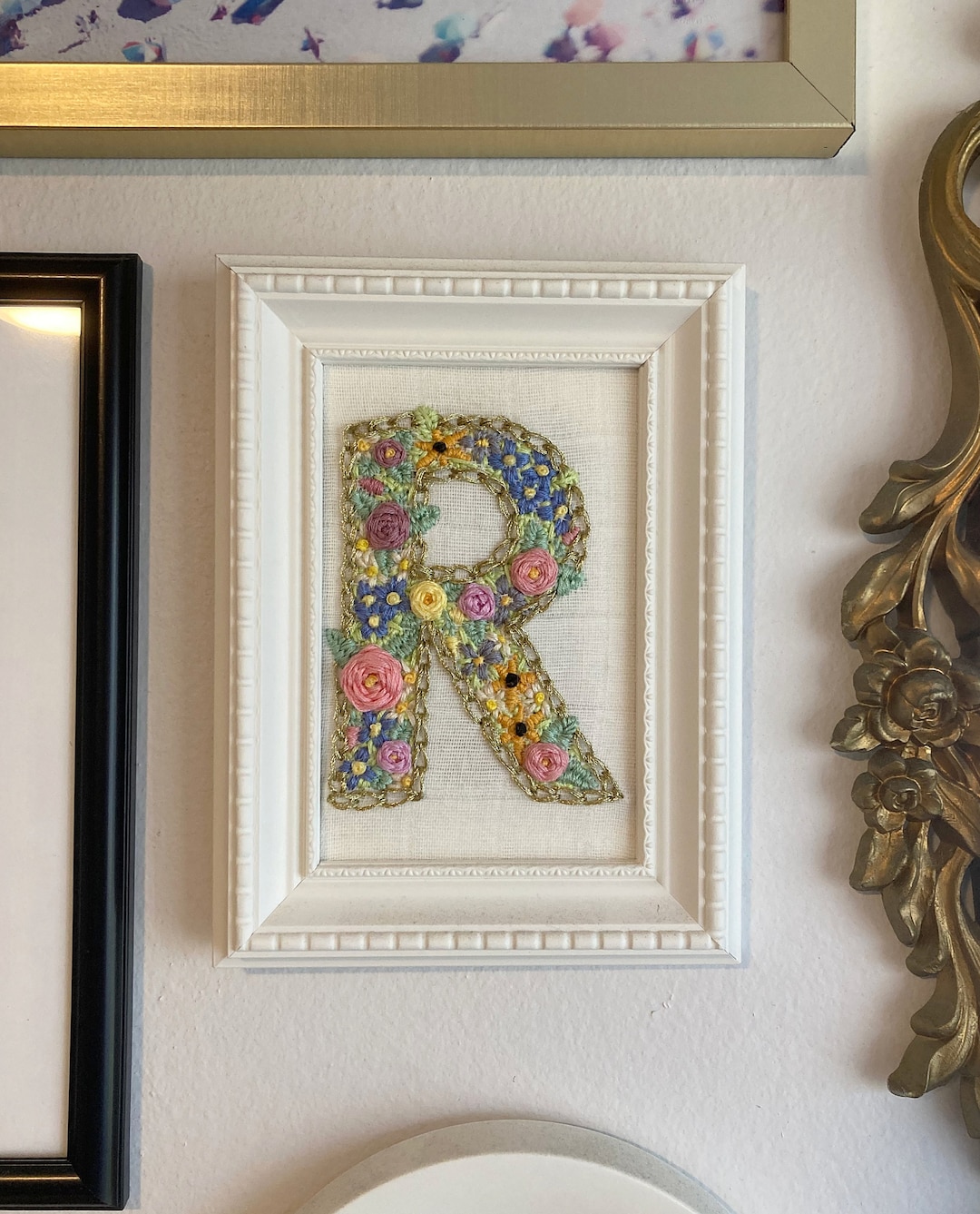 Custom Embroidered Initial Home Decor Wall Art Floral - Etsy